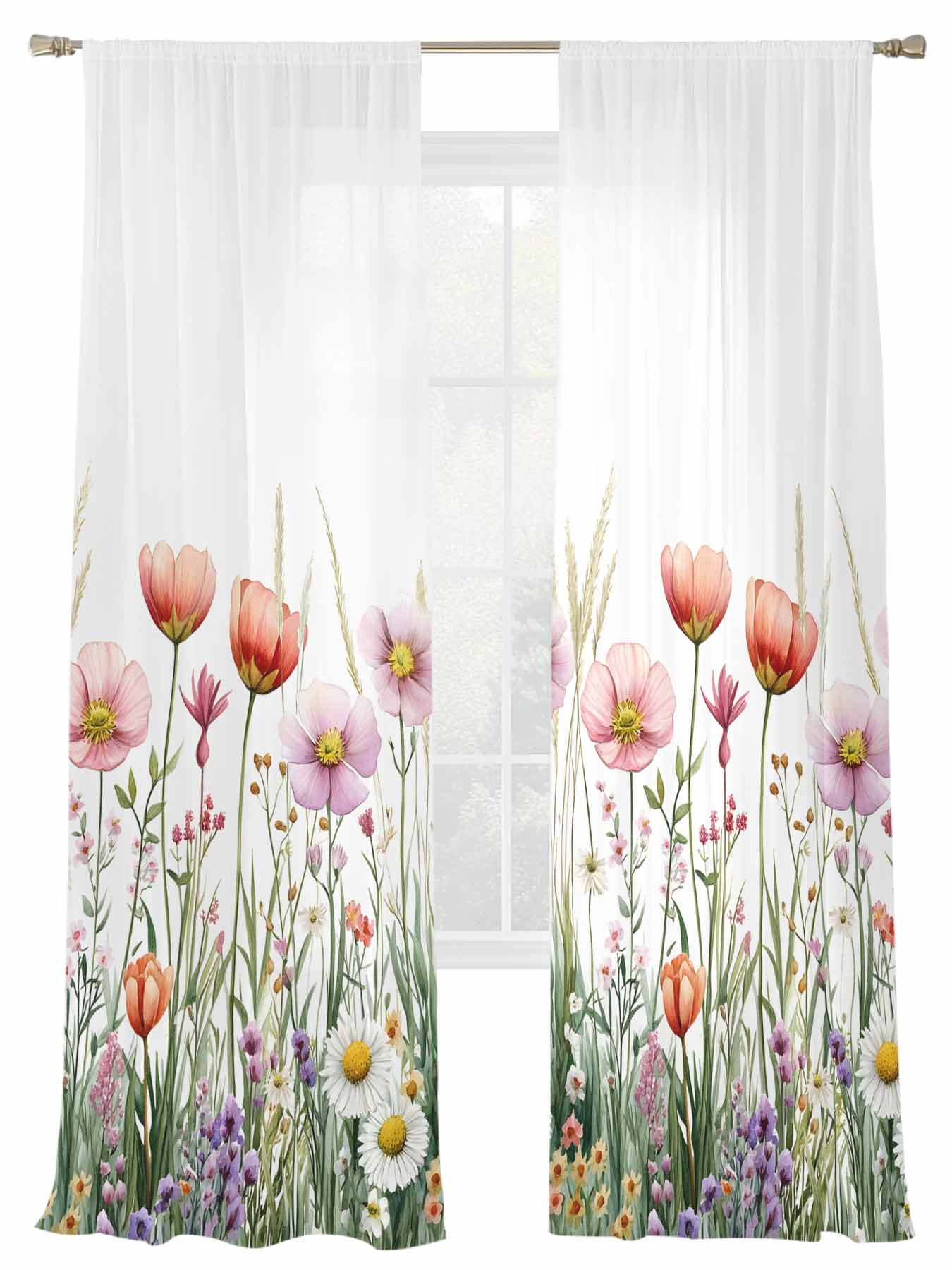 Pink Floral Sheer Curtains 2 Panels Set Rustic Wildflower Leaf Spring ...