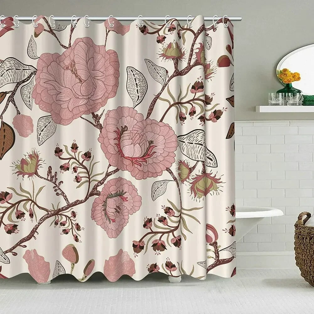 Pink Floral Shower Curtain Rose Peony Flower Plant Leaf Country Retro ...