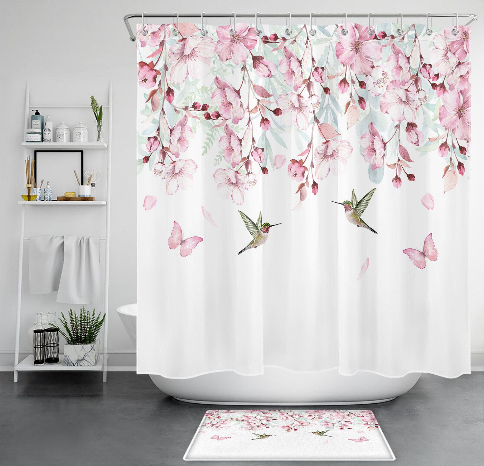 Pink Floral Shower Curtain Set With Spring Butterflies And Hummingbirds
