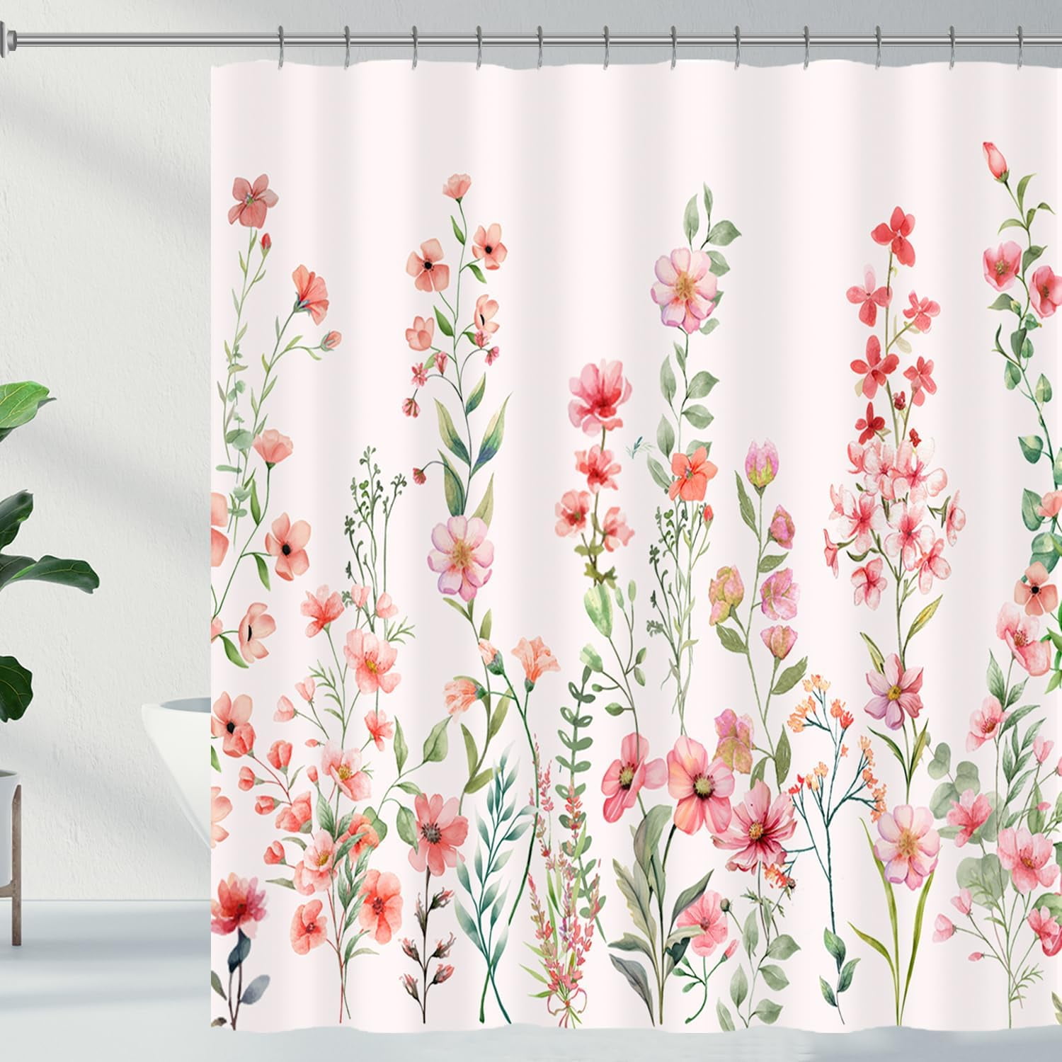 Pink Floral Shower Curtain Watercolor Flower Plant Shower Curtains with ...
