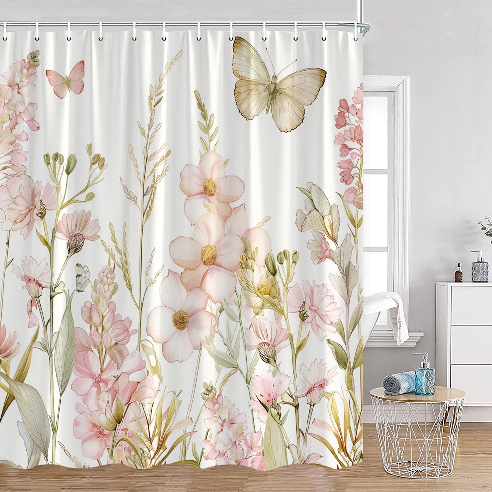 Pink Floral Shower Curtains Black White Plants Waterproof Bath Curtain ...