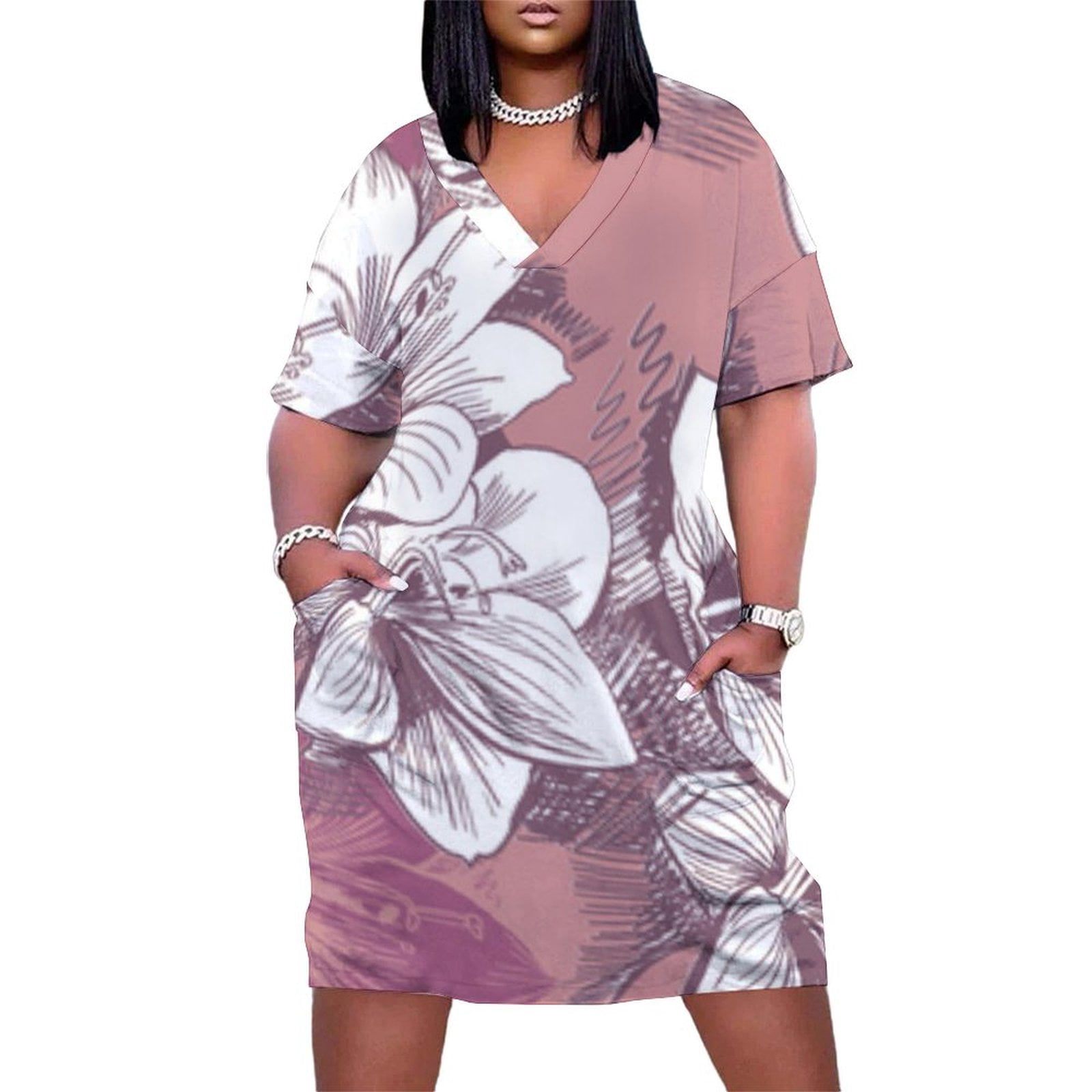 Pink Floral Sketched Seamless Pattern Summer Sundress for Curve Women ...