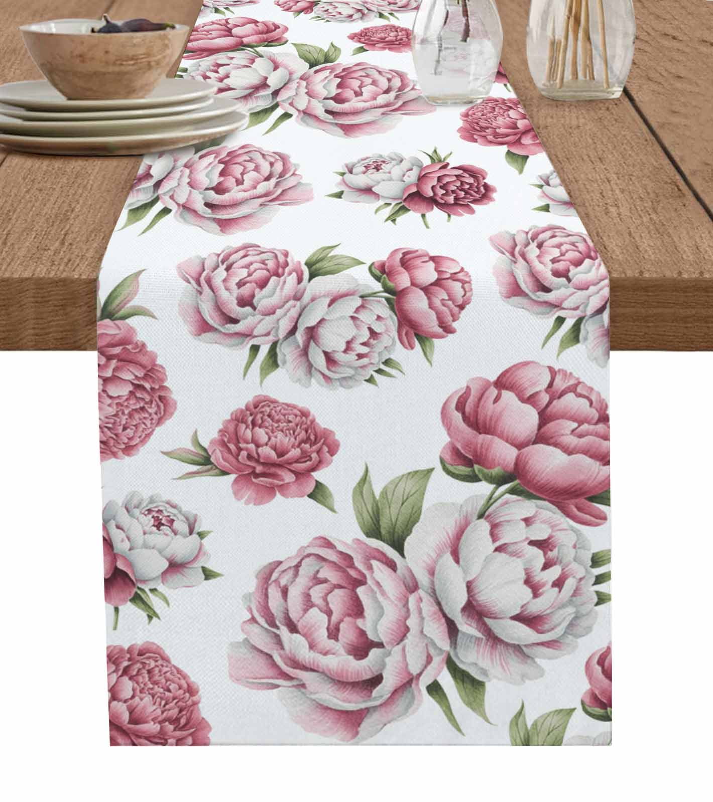 Pink Floral Table Runner 108 Inches, Spring Summer Modern Flower Leaf ...