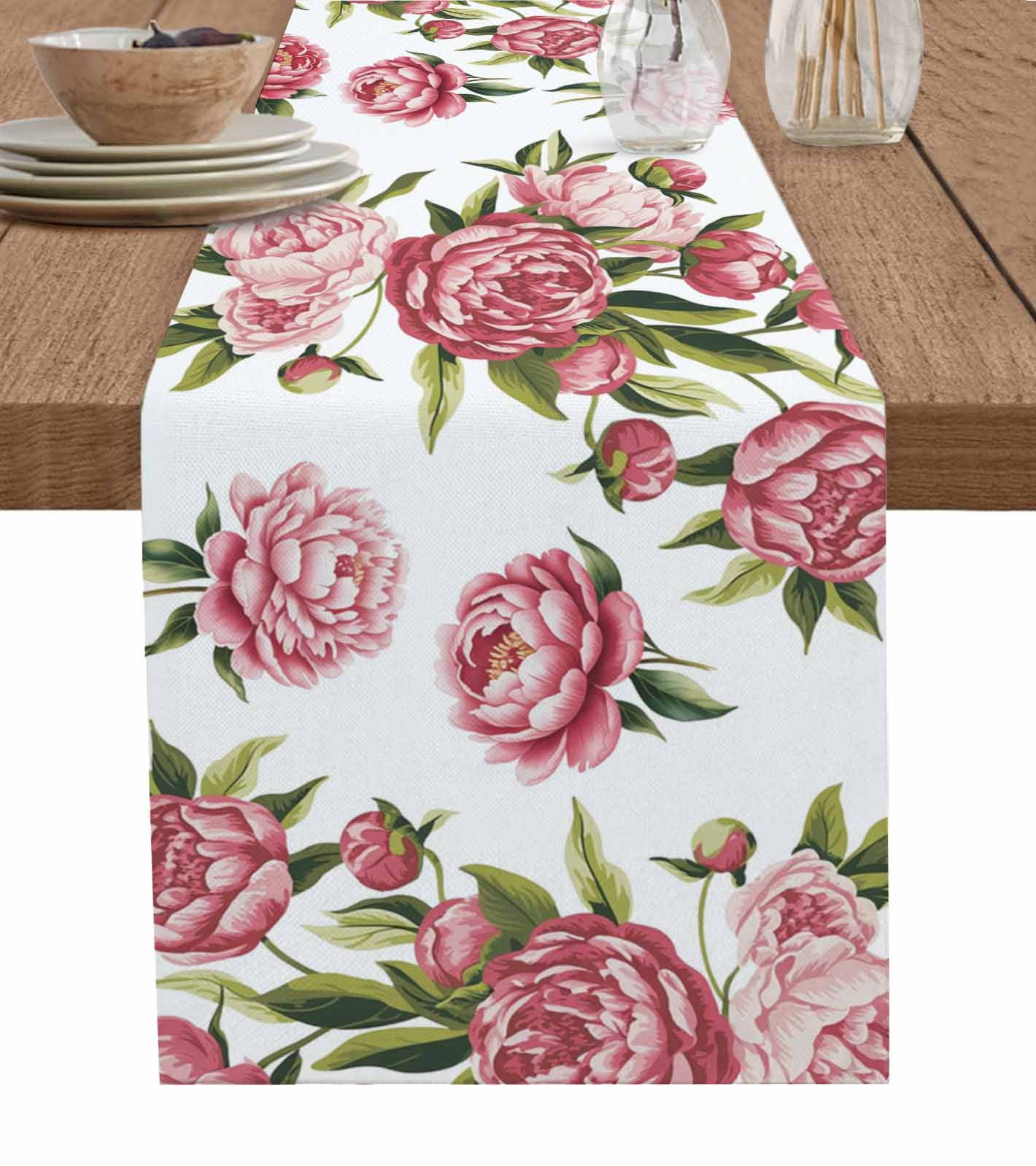 Pink Floral Table Runner 60 Inches, Pastoral Botanical Leaves Farmhouse ...
