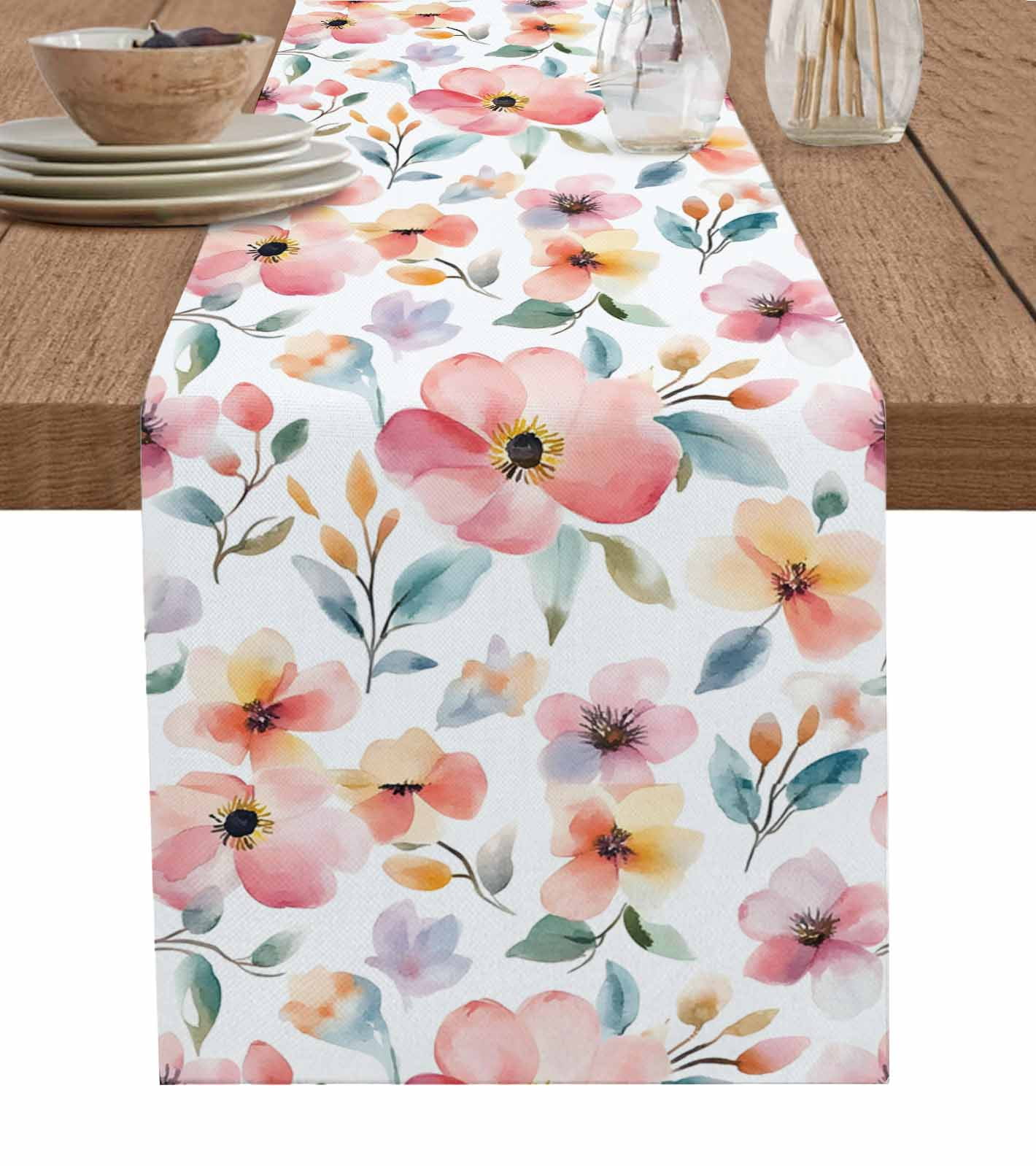 Pink Floral Table Runner 60 Inches, Spring Botanical Watercolor Flowers ...