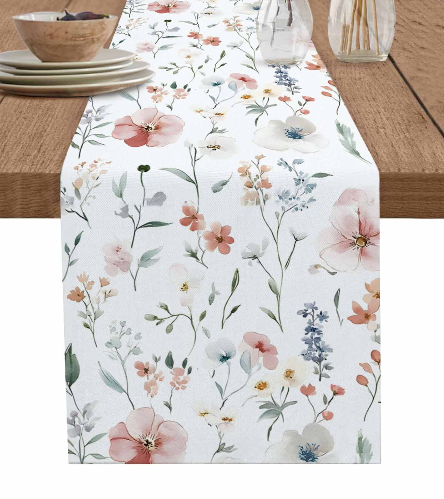 Pink Floral Table Runner 72 Inches, Farmhouse Watercolor Spring Flowers ...