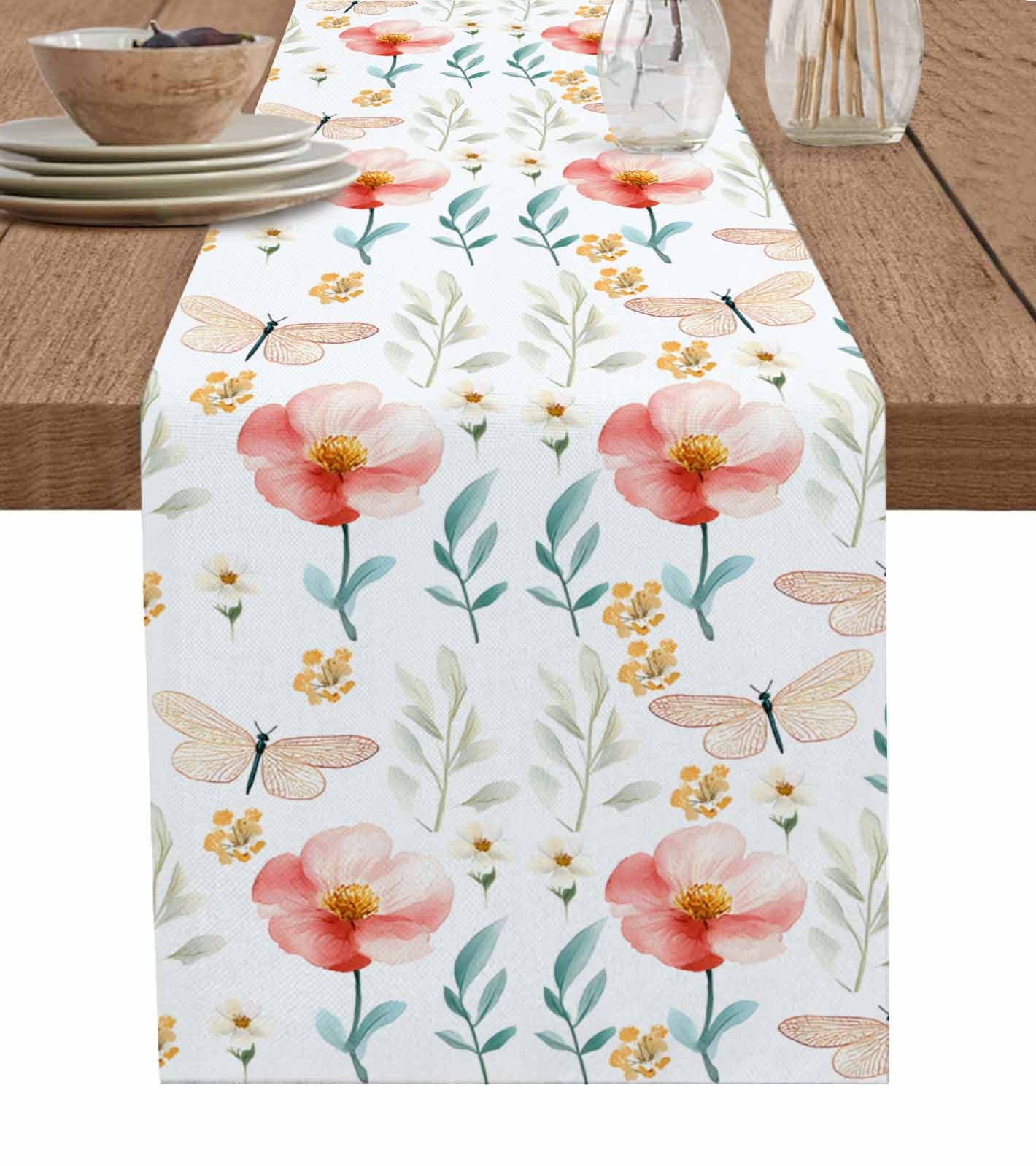 Pink Floral Table Runner 72 Inches, Summer Dragonfly Pastoral Plants ...