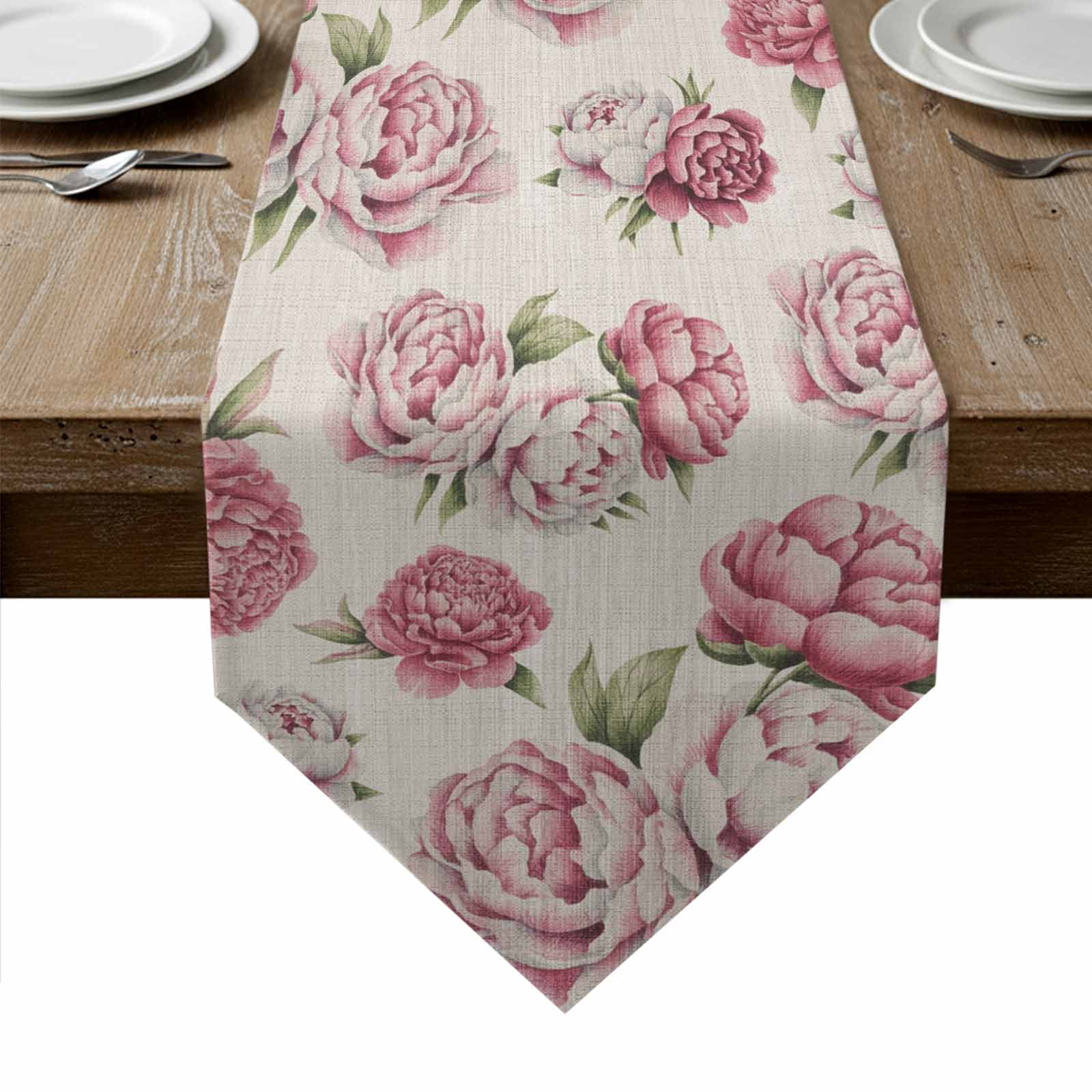 Pink Floral Table Runner Linen Burlap Table Runner 108 Inches Long ...