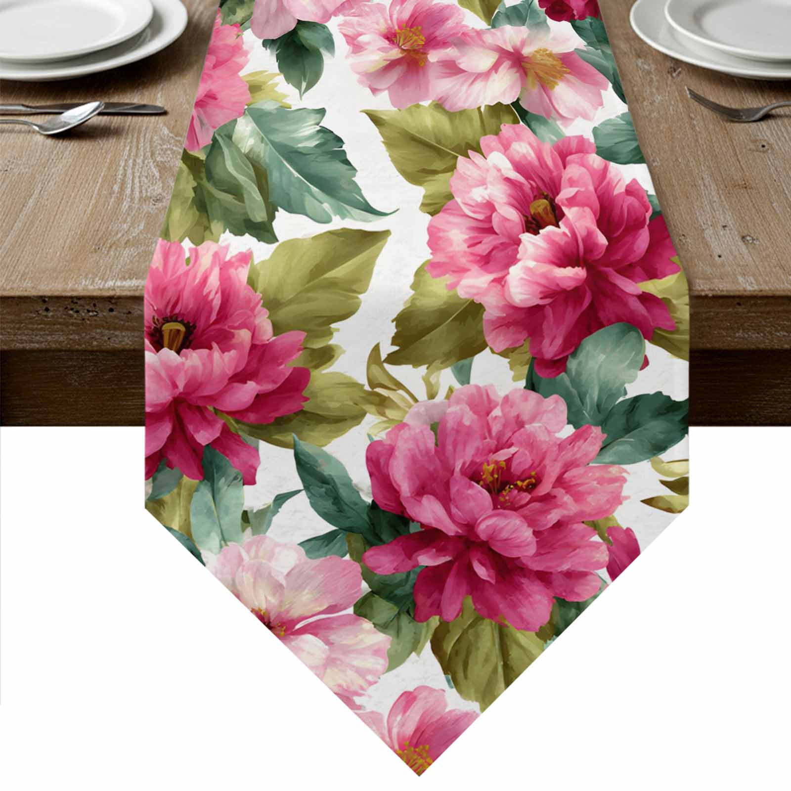 Pink Floral Table Runner Linen Burlap Table Runner 108 Inches Long ...