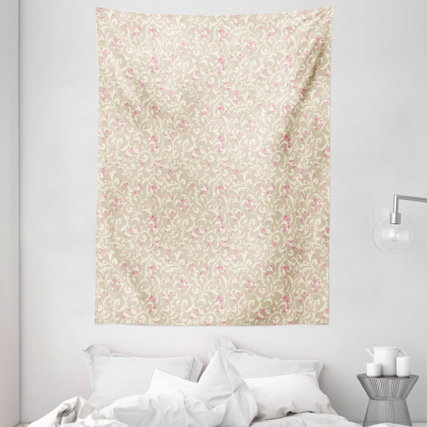 Pink Floral Tapestry, Flourish Vintage Nature Pattern with Curlicue ...