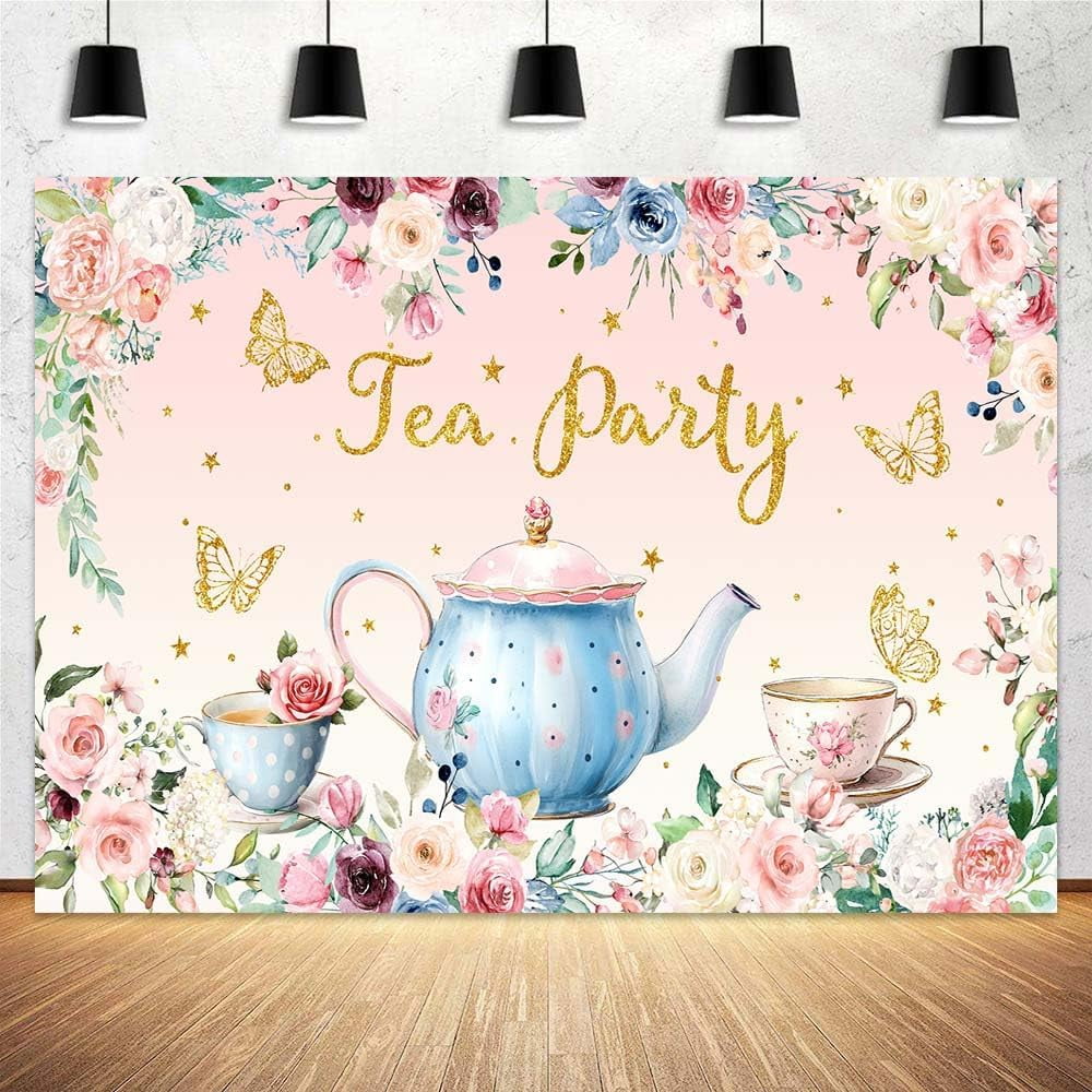 Pink Floral Tea Party Backdrop Glitter Gold Dots Butterfly Afternoon ...