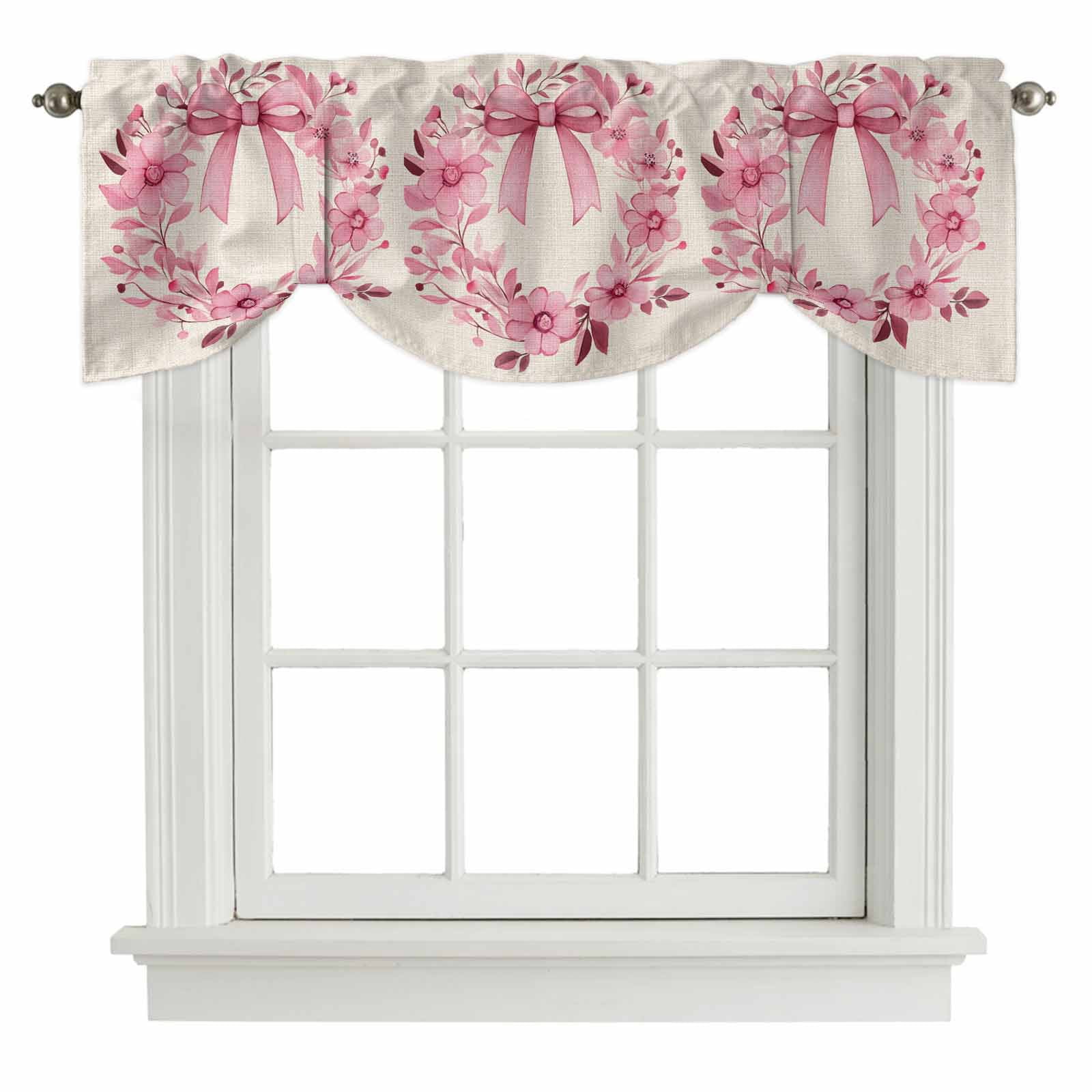 Pink Floral Tie Up Valance for Windows, Spring Flower Bow Adjustable ...