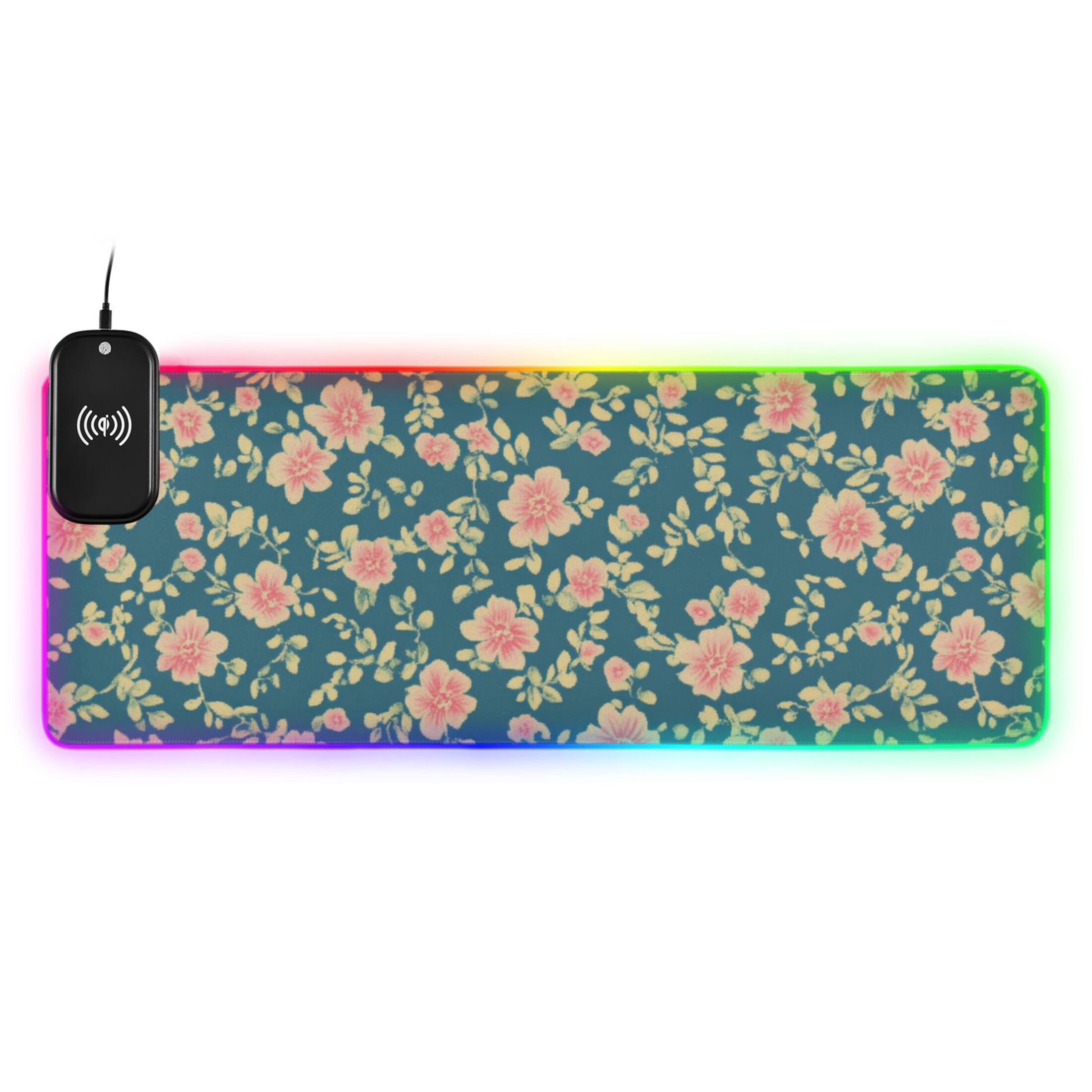 Pink Floral Vintage Wireless Charging RGB Gaming Mouse Pad Large ...