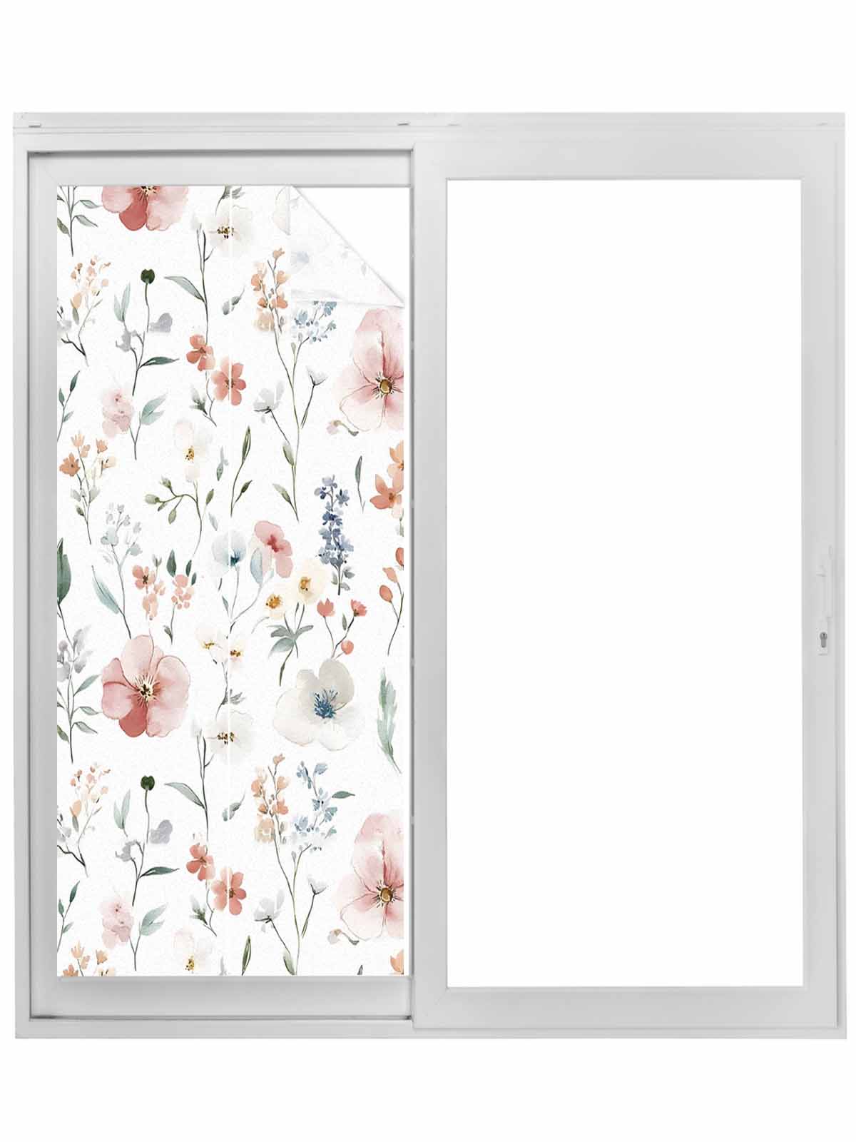 Pink Floral Window Privacy Film, Farmhouse Watercolor Spring Flowers ...
