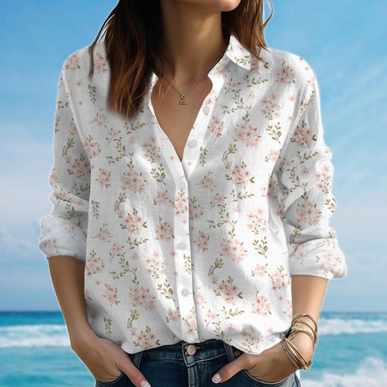 Pink Floral Women Casual Shirt For Women, Soft Pastel Flower Button ...