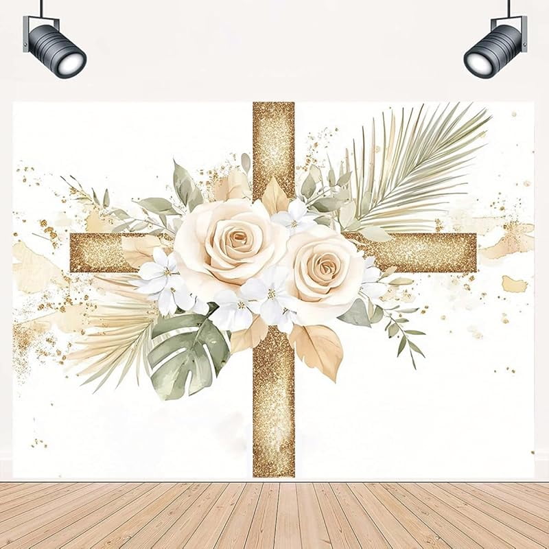 Pink Floral Wreath Rose Gold Cross First Communion Baptism Decorations ...