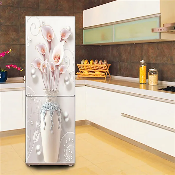 Pink Flower 3D Refrigerator Stickers for Kitchen Fridge Full Door Cover ...
