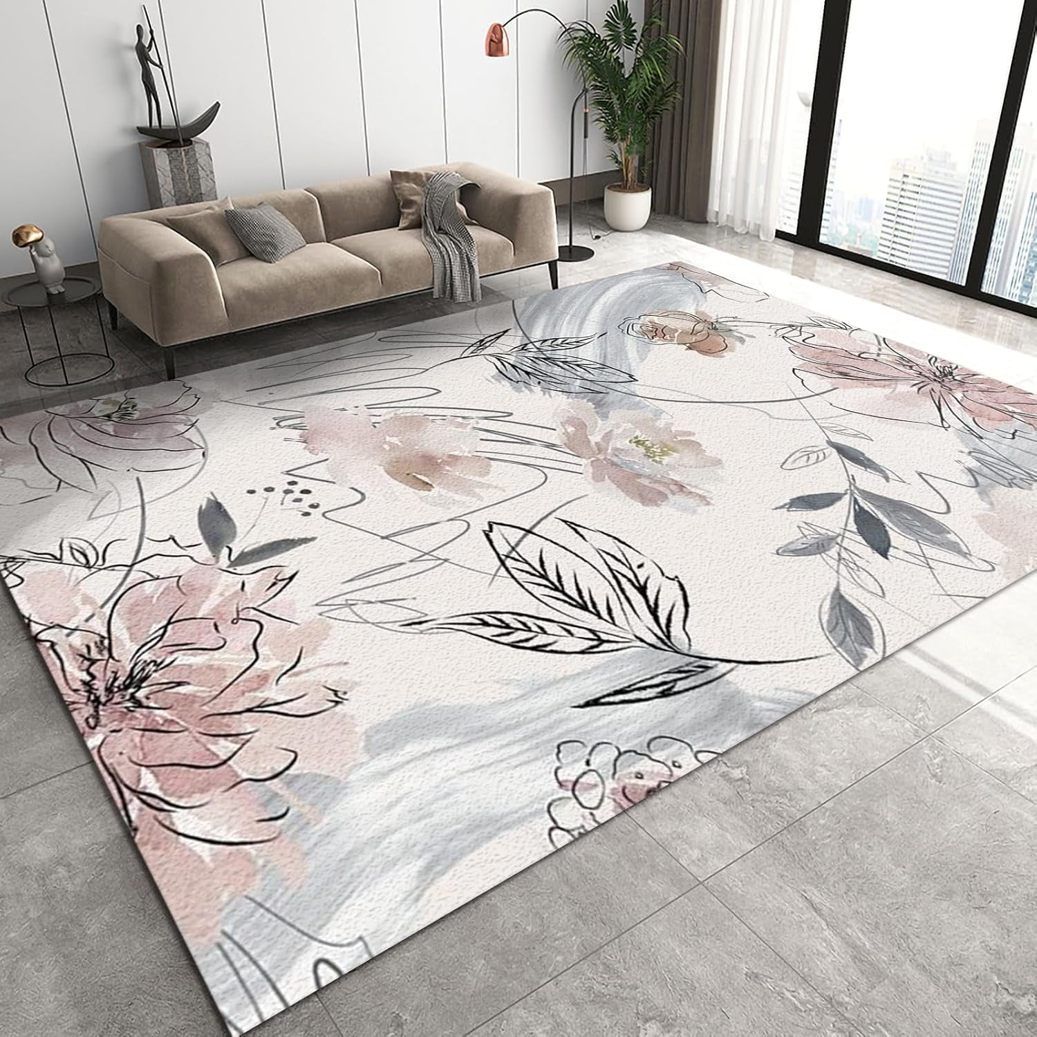 Pink Flower Area Rug, Dorm Room Rugs Abstract Watercolorful Floral ...