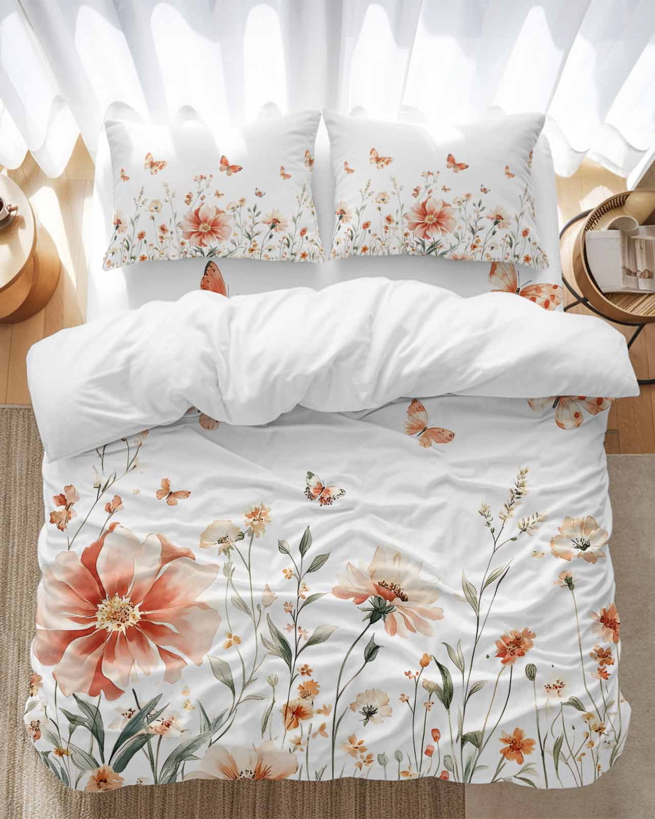 Pink Flower Bedding Duvet Cover Set Queen Size 4 Pieces Butterfly ...