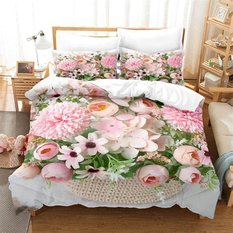 Pink Flower Bedding Set Plant Flowers Duvet Cover Boys Quilt Cover ...