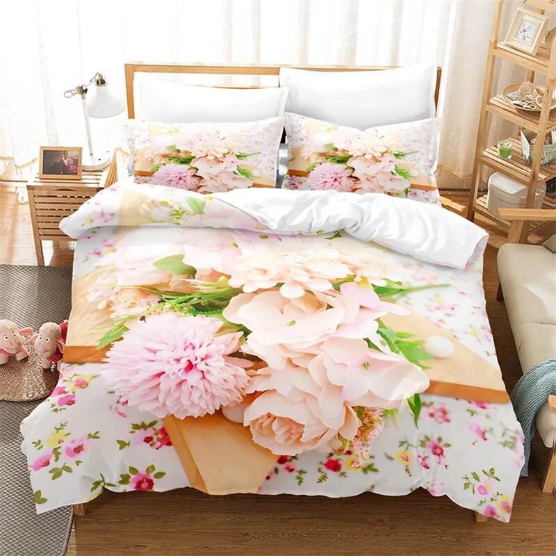 Pink Flower Bedding Set Plant Flowers Duvet Cover Boys Quilt Cover ...