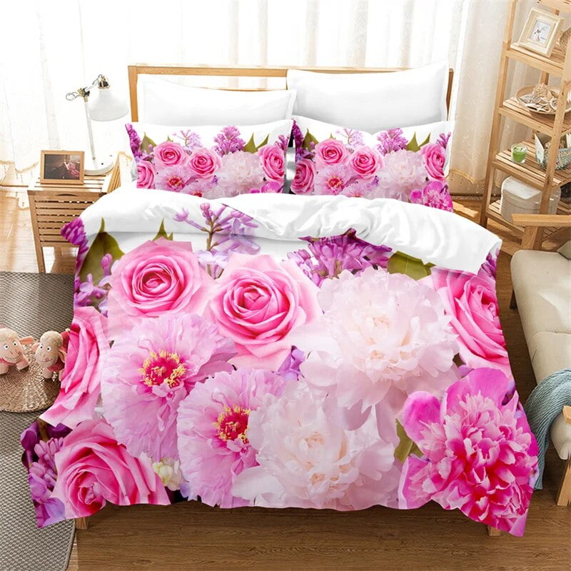 Pink Flower Bedding Set Plant Flowers Duvet Cover Boys Quilt Cover ...