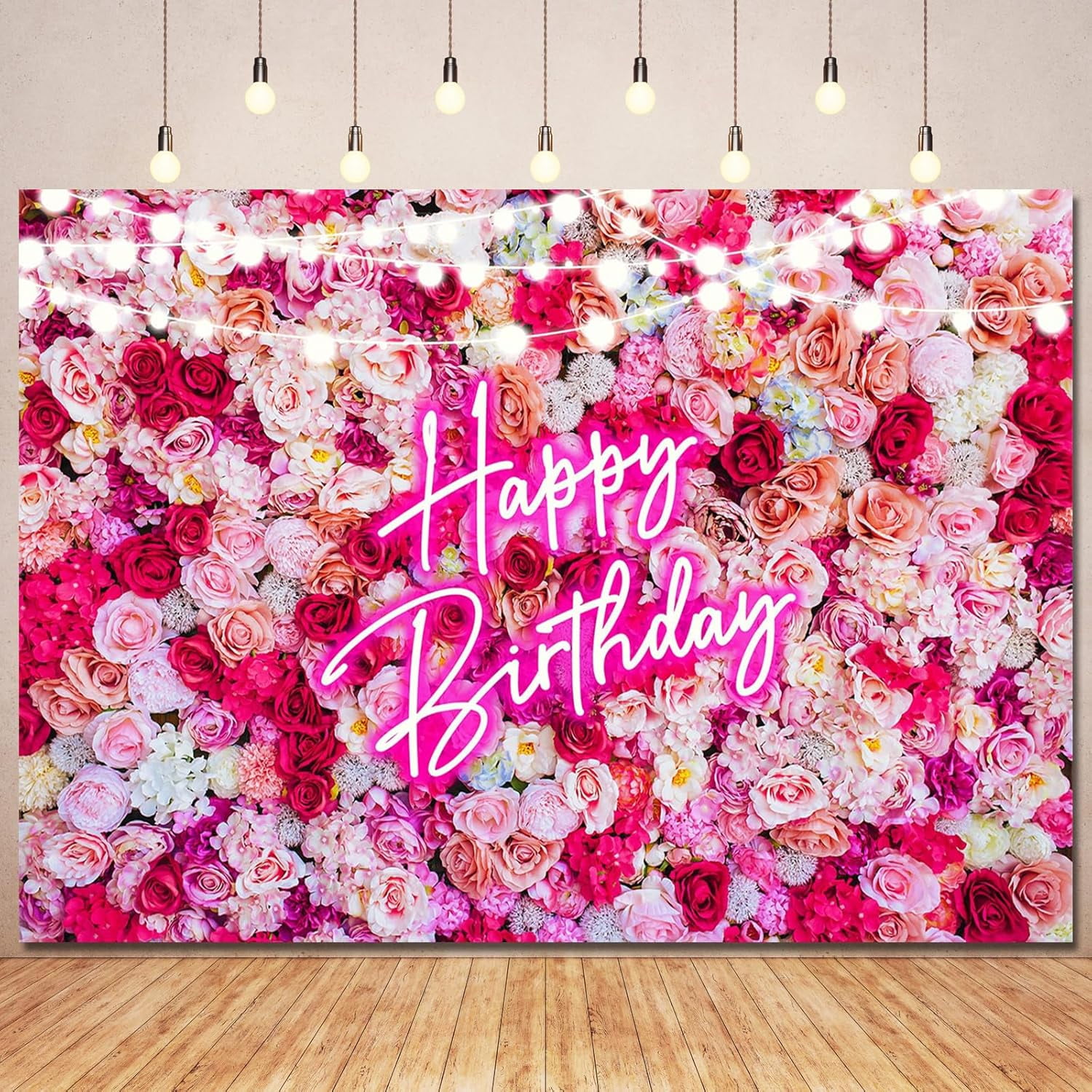 Pink Flower Birthday Backdrop Women Floral Birthday Decorations,Neon ...