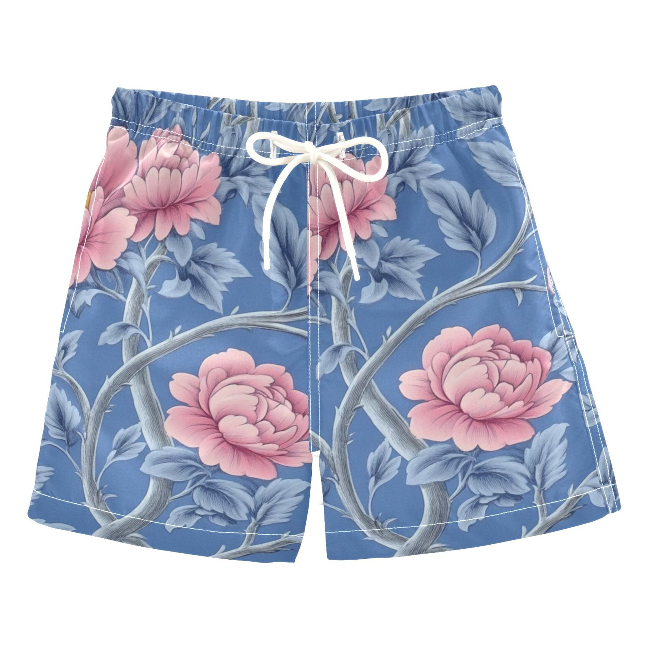 Pink Flower Blue Leave Boys Swim Trunks Quick Dry Boy Swim Shorts for 3 ...