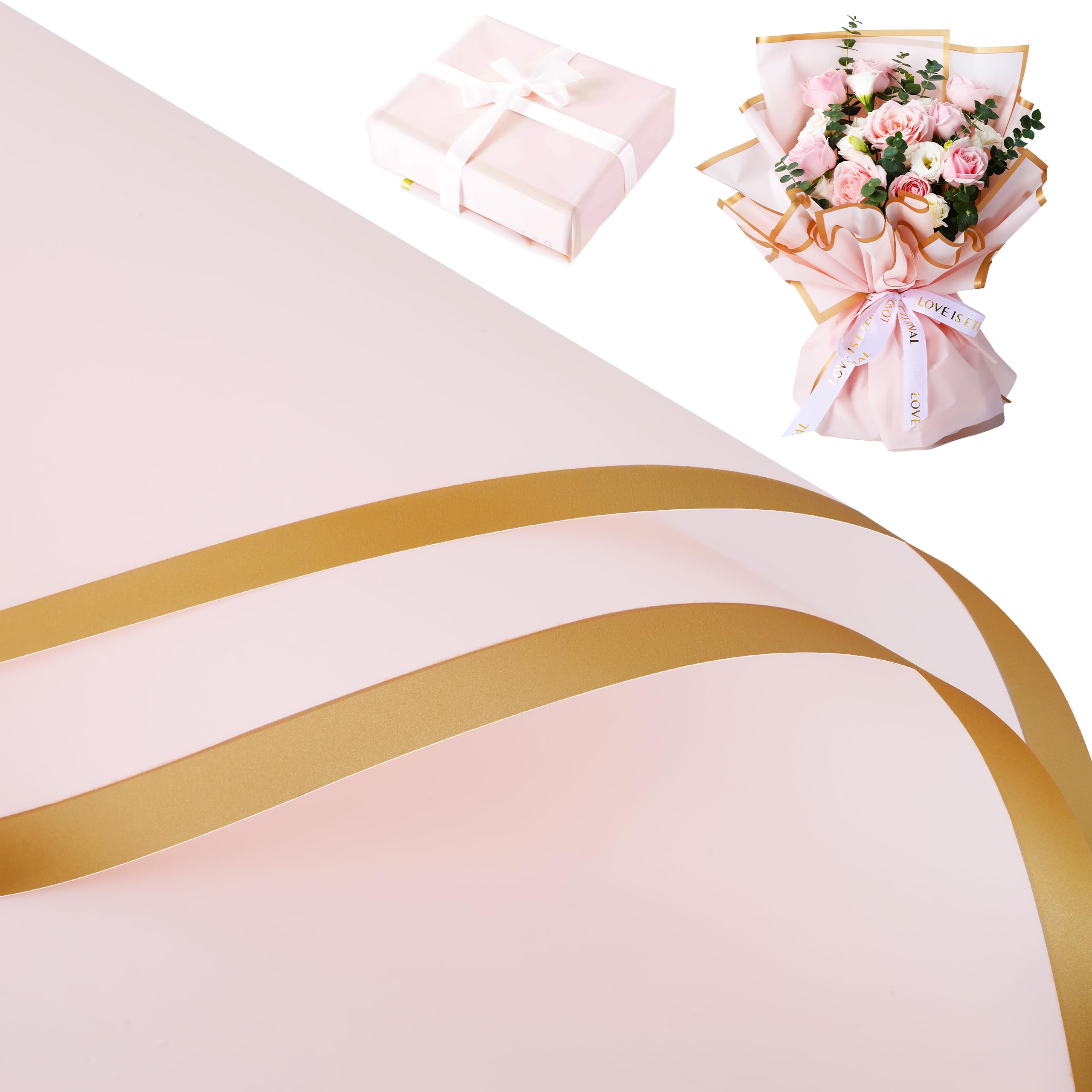 Pink Flower Bouquet Wrapping Paper with Gold Border Design, Korean ...