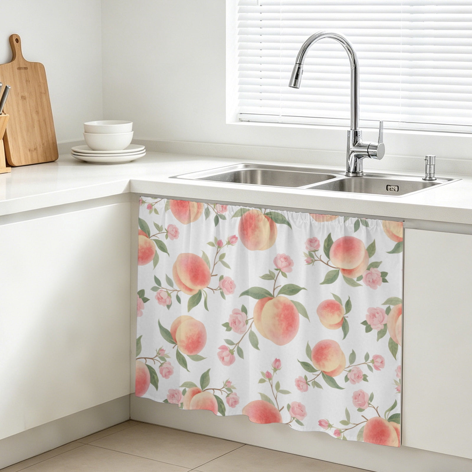 Pink Flower Cabinet Curtains for Kitchen 10"W x 11"L, Peach Green Leaf ...