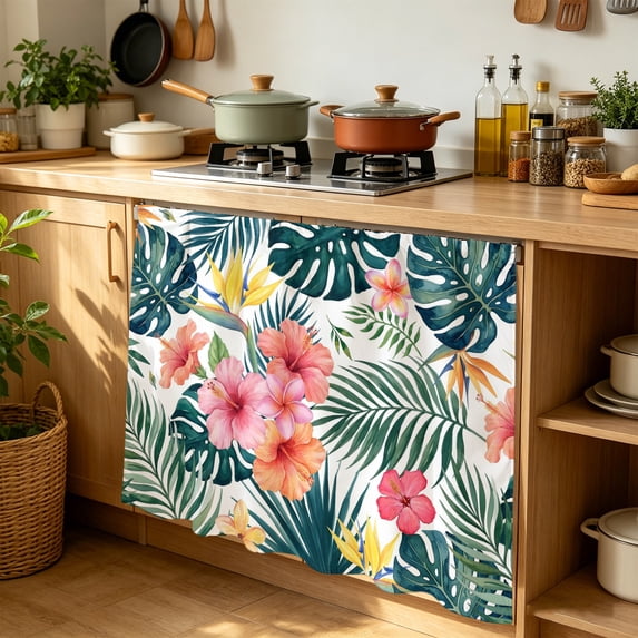 Pink Flower Cabinet Curtains for Kitchen 35"W x 35"L, Palm Leaf Summer ...