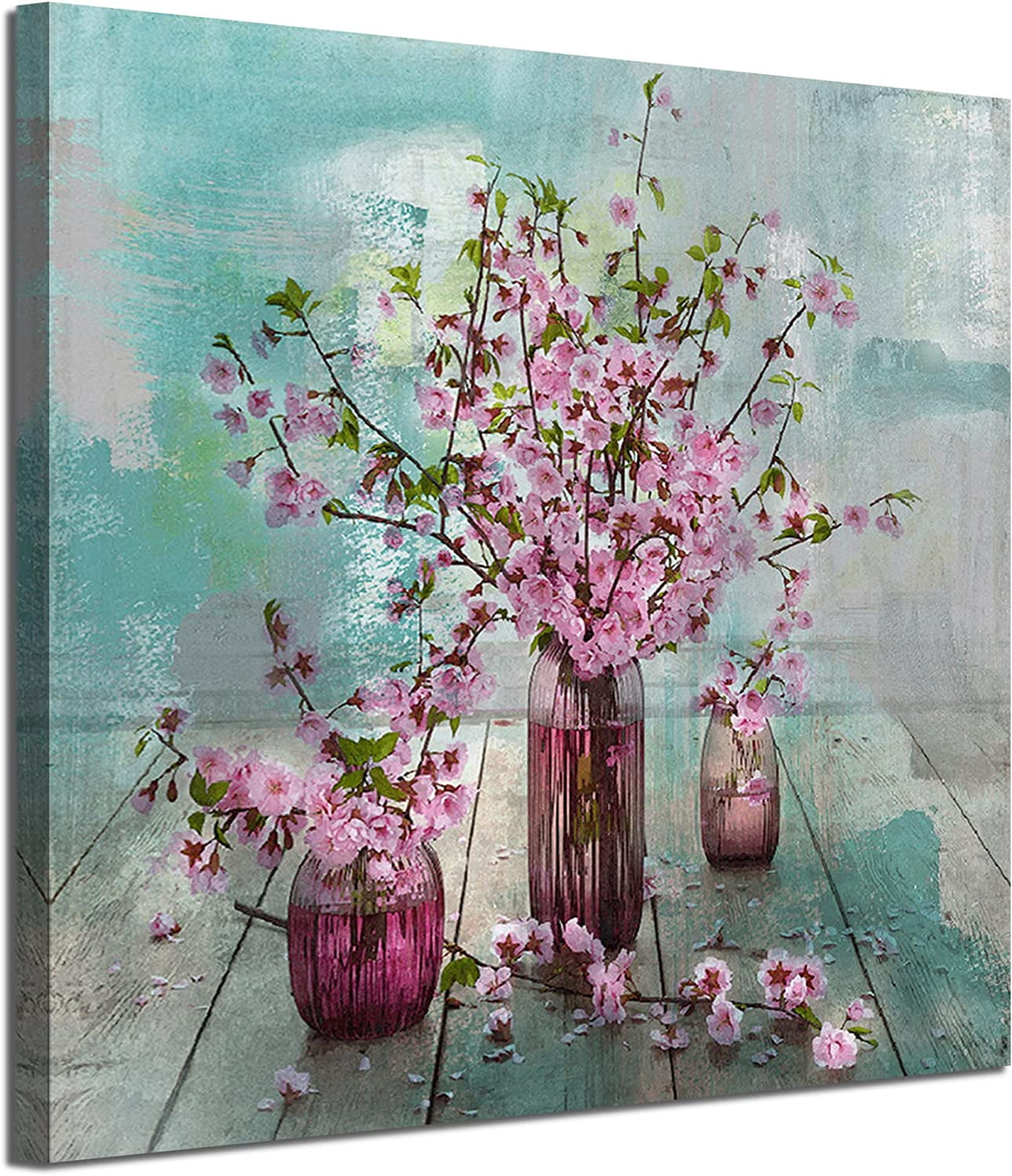 Pink Flower Canvas Wall Art Summer Florals Abstract Picture Teal ...