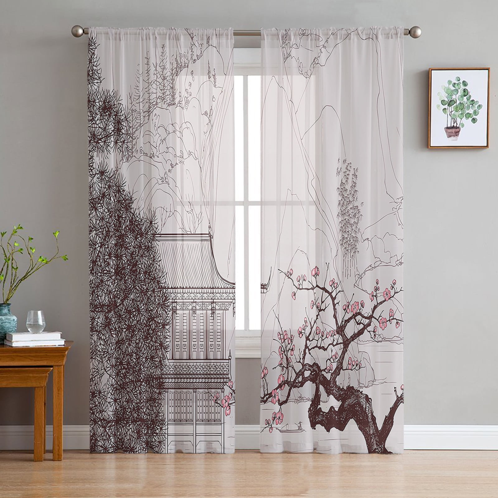 Pink Flower Cherry Blossoms White Sheer Curtains for Living Room Tulle ...
