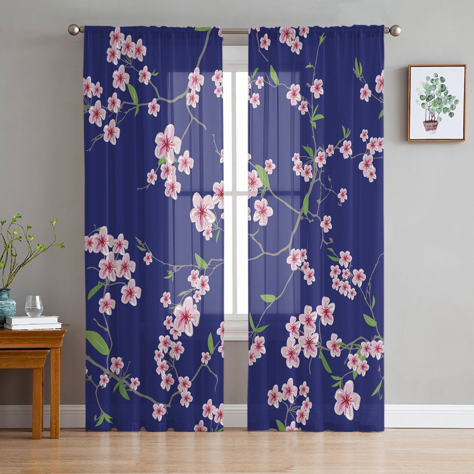 Pink Flower Cherry Blossoms White Sheer Curtains for Living Room Tulle ...