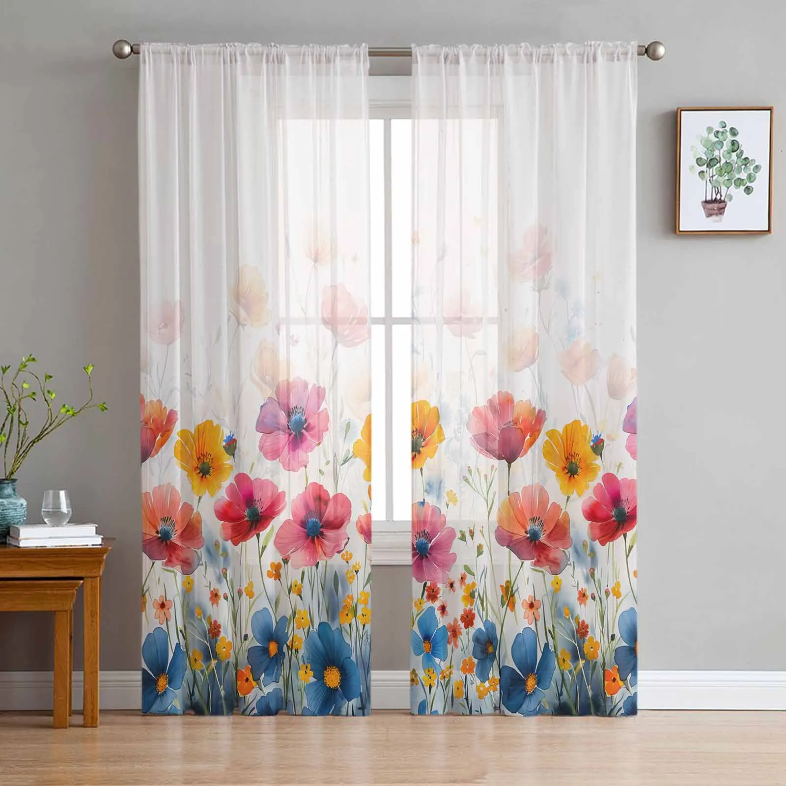Pink Flower Cherry Blossoms White Sheer Curtains for Living Room ration ...