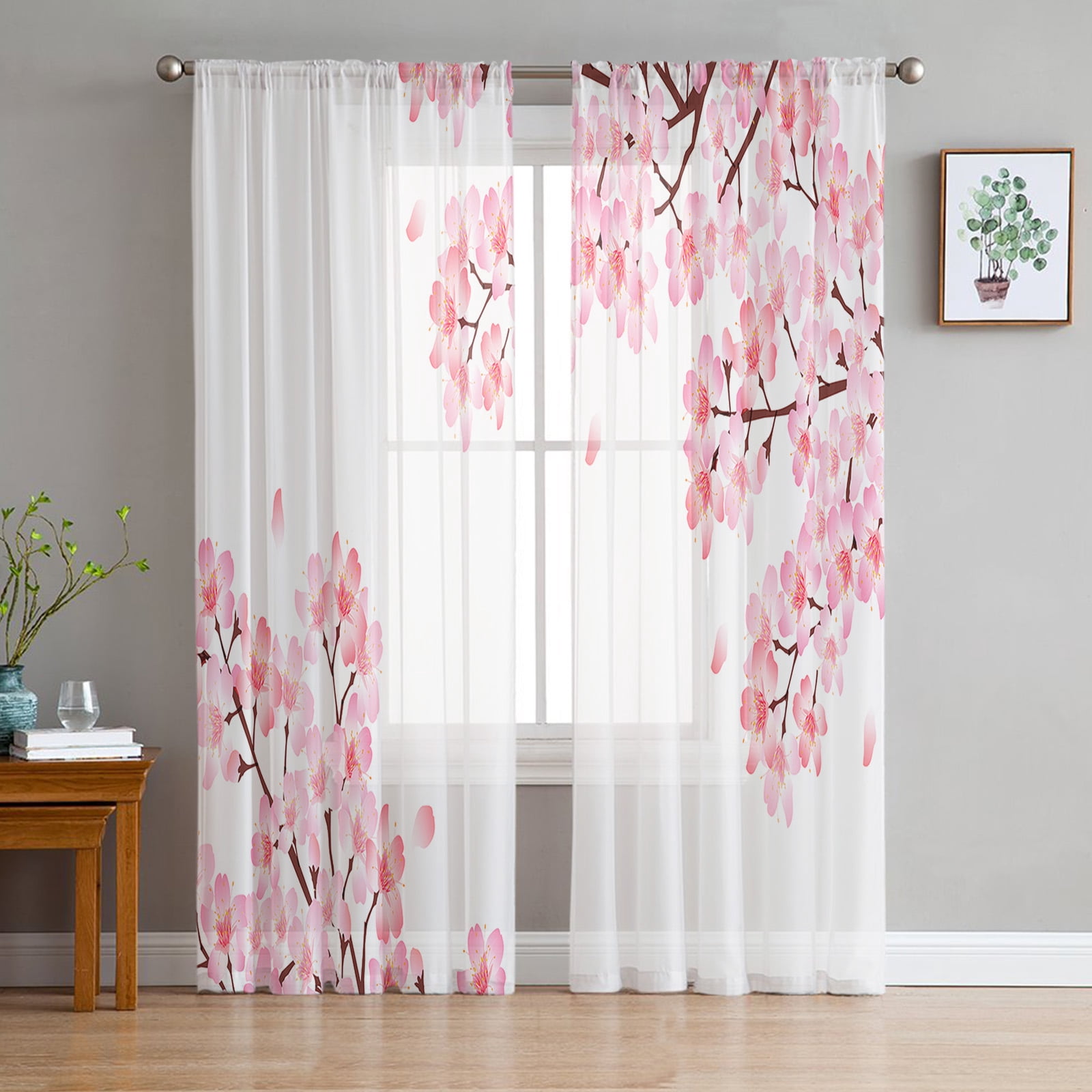 Pink Flower Cherry Blossoms White Tulle Curtains for Living Room ...