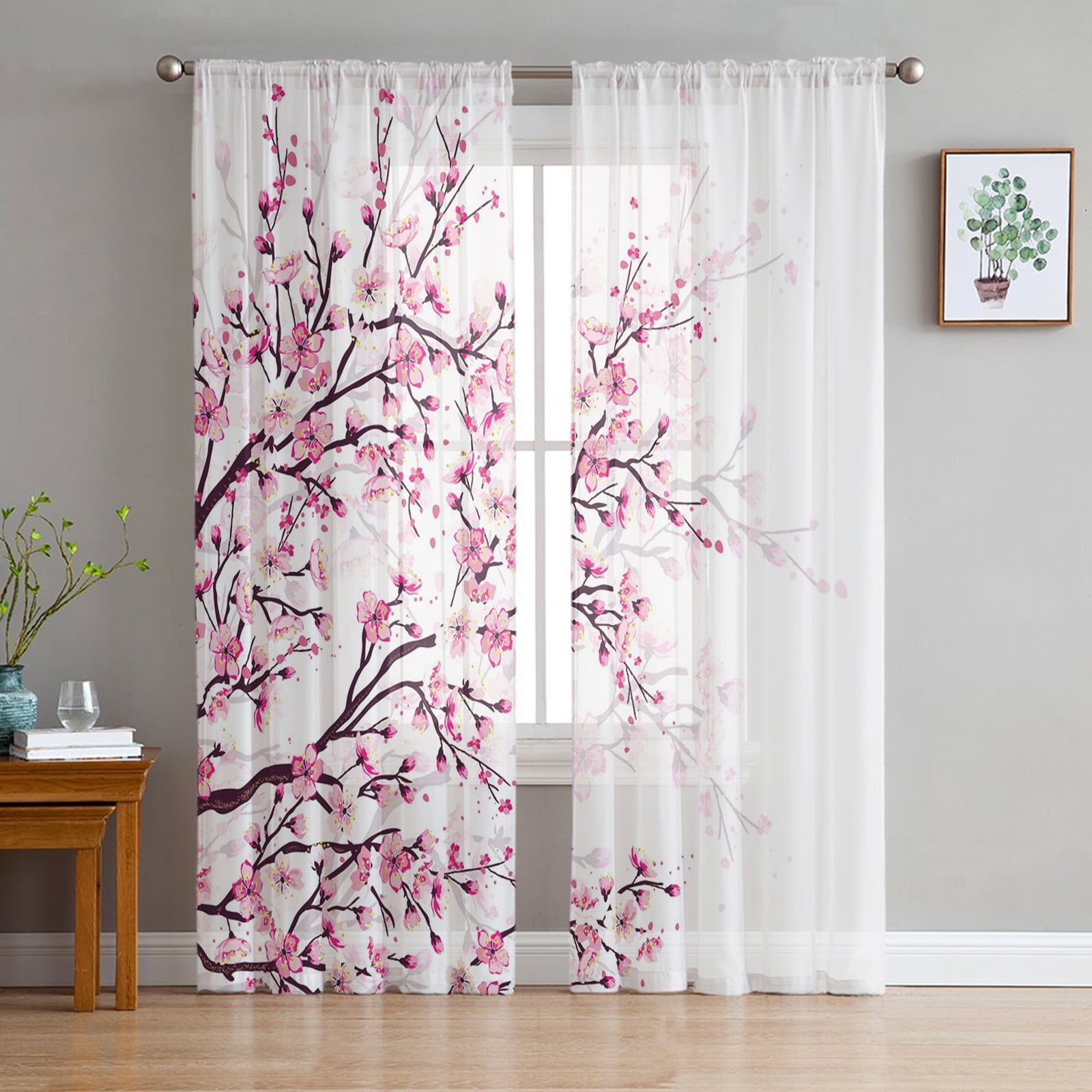 Pink Flower Cherry Blossoms White Tulle Curtains for Living Room ...