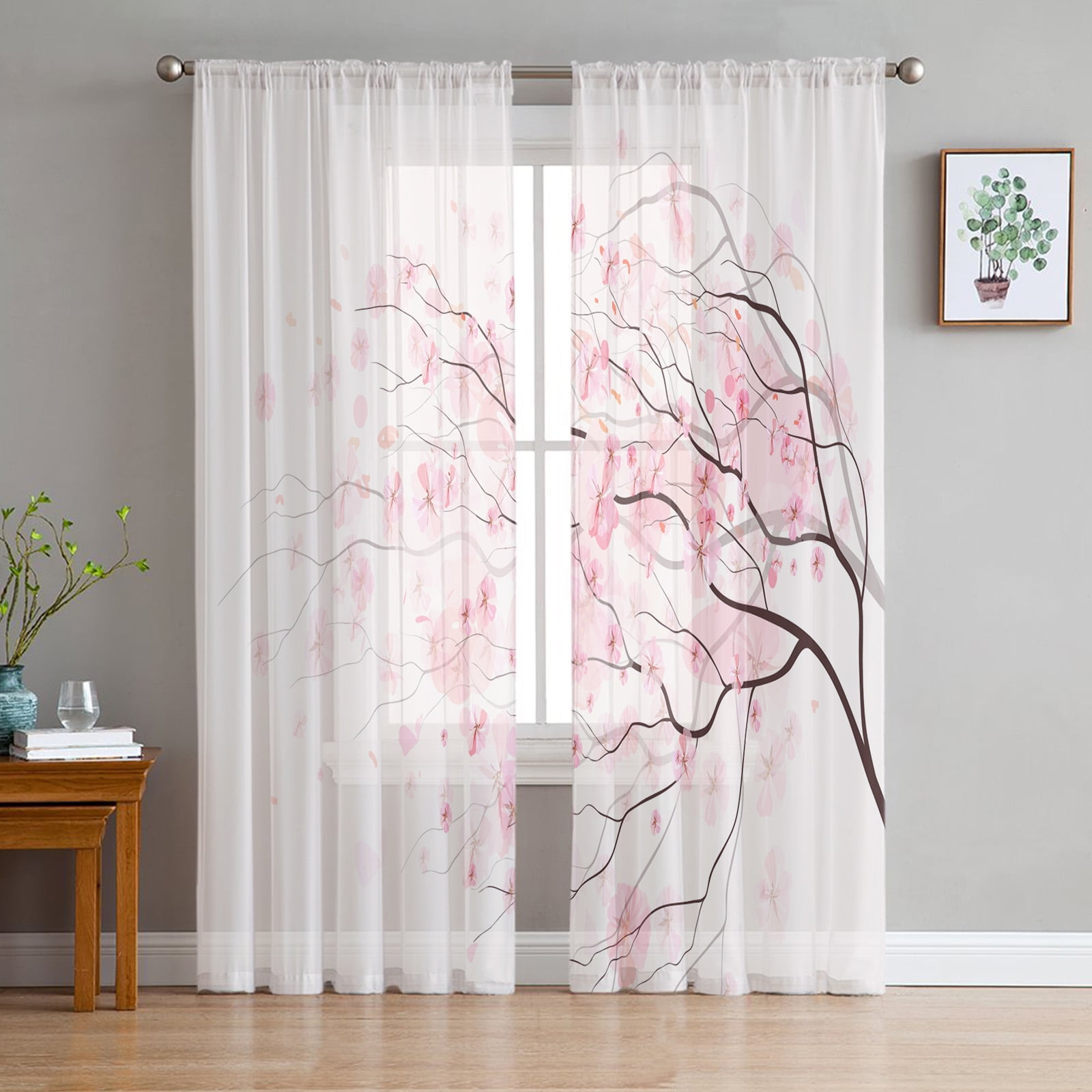 Pink Flower Cherry Blossoms White Tulle Curtains for Living Room ...