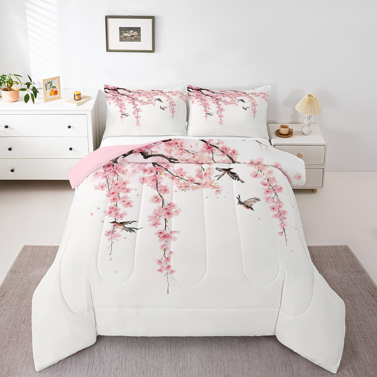 Pink Flower Comforter Set,Romantic Floral Rustic Plant Bedding Set ...