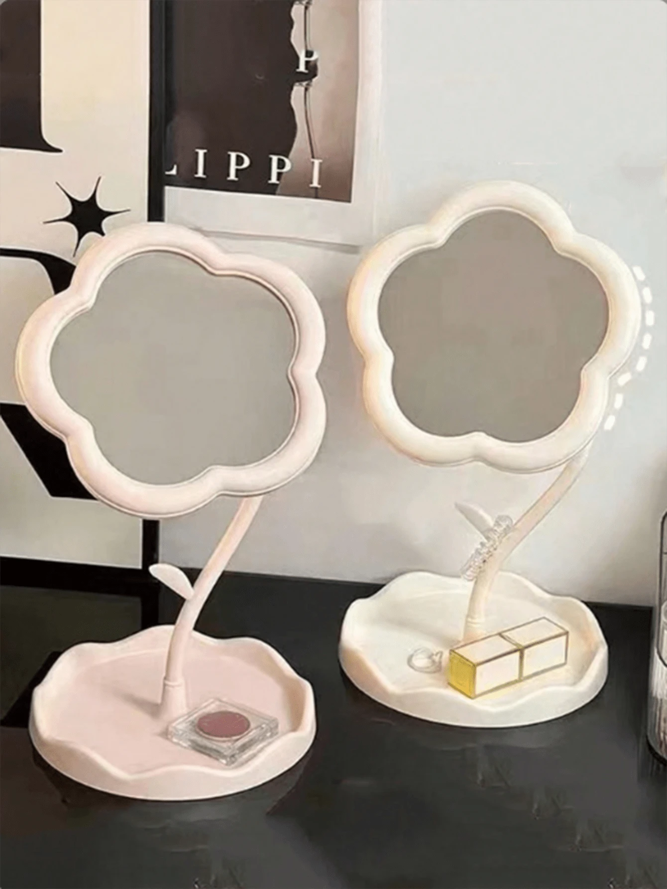 Pink Flower Desk Mirror, Aesthetic Cute Makeup Mirror with Stand, Small ...