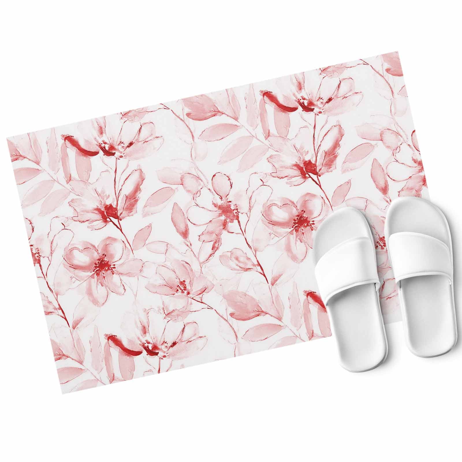 Pink Flower Door Mat Retro Abstract Art Watercolor Pink Floral Leaf Non ...