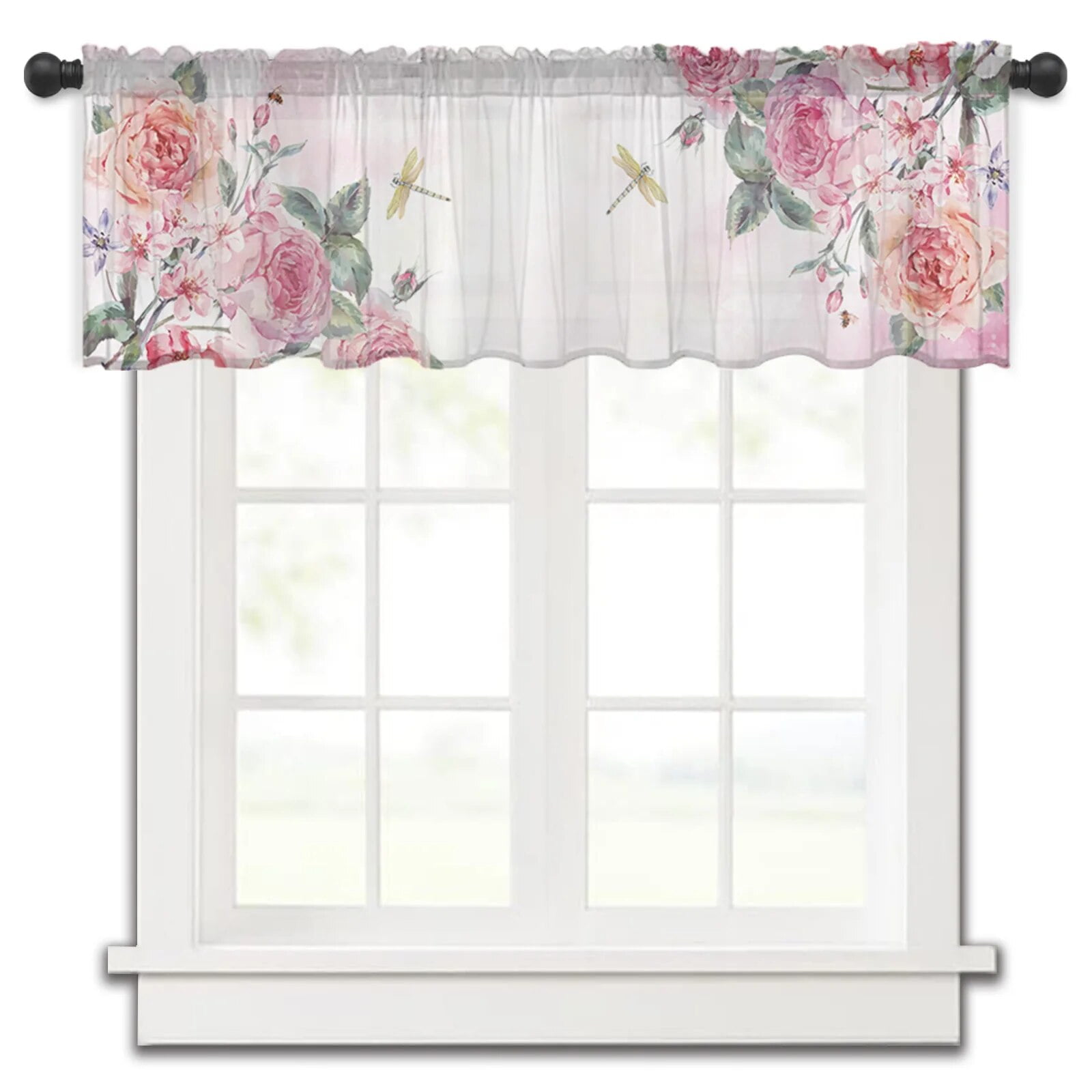 Pink Flower Dragonfly Watercolor Rod Pocket Short Curtain Half-Curtain ...