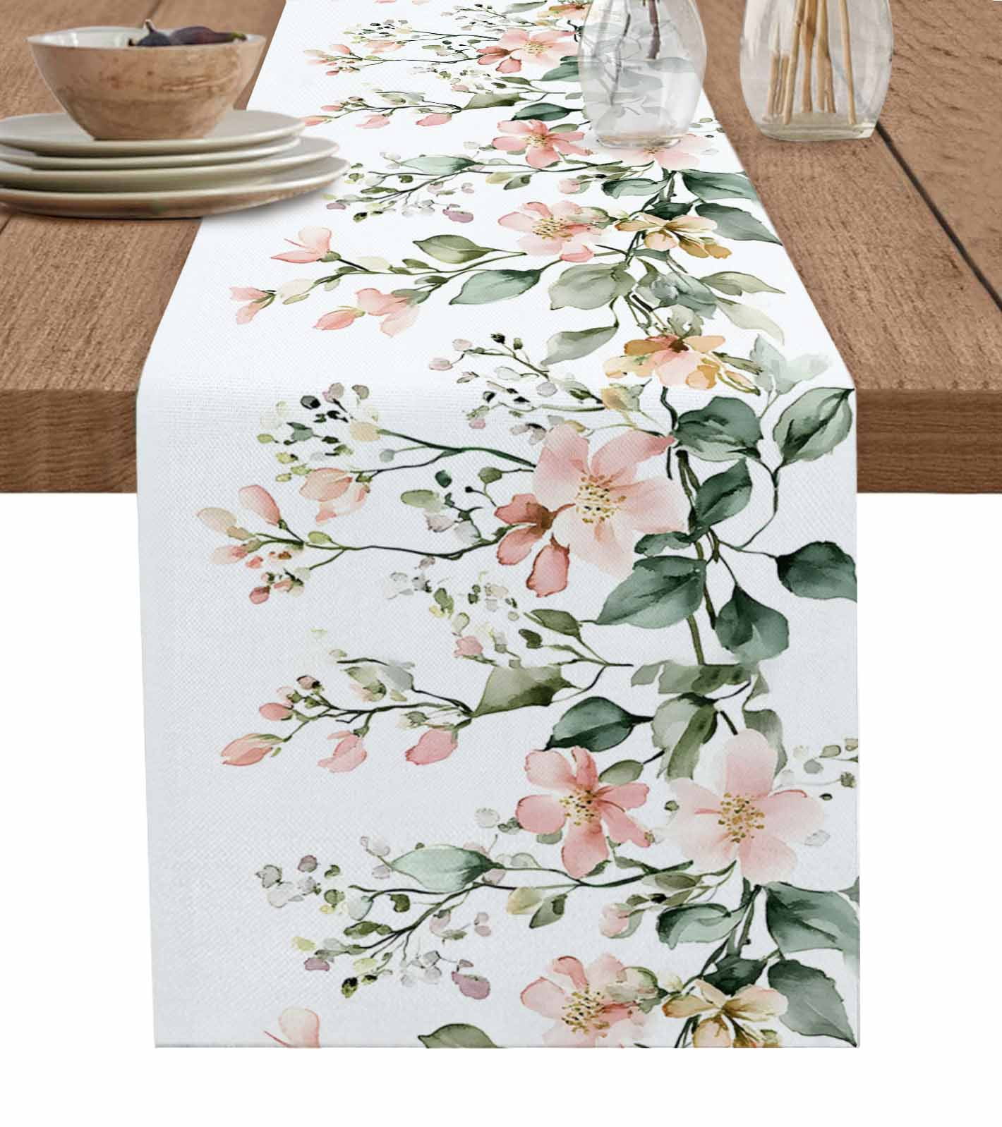 Pink Flower Eucalyptus Table Runner 108 Inches, Spring Botanical Green ...