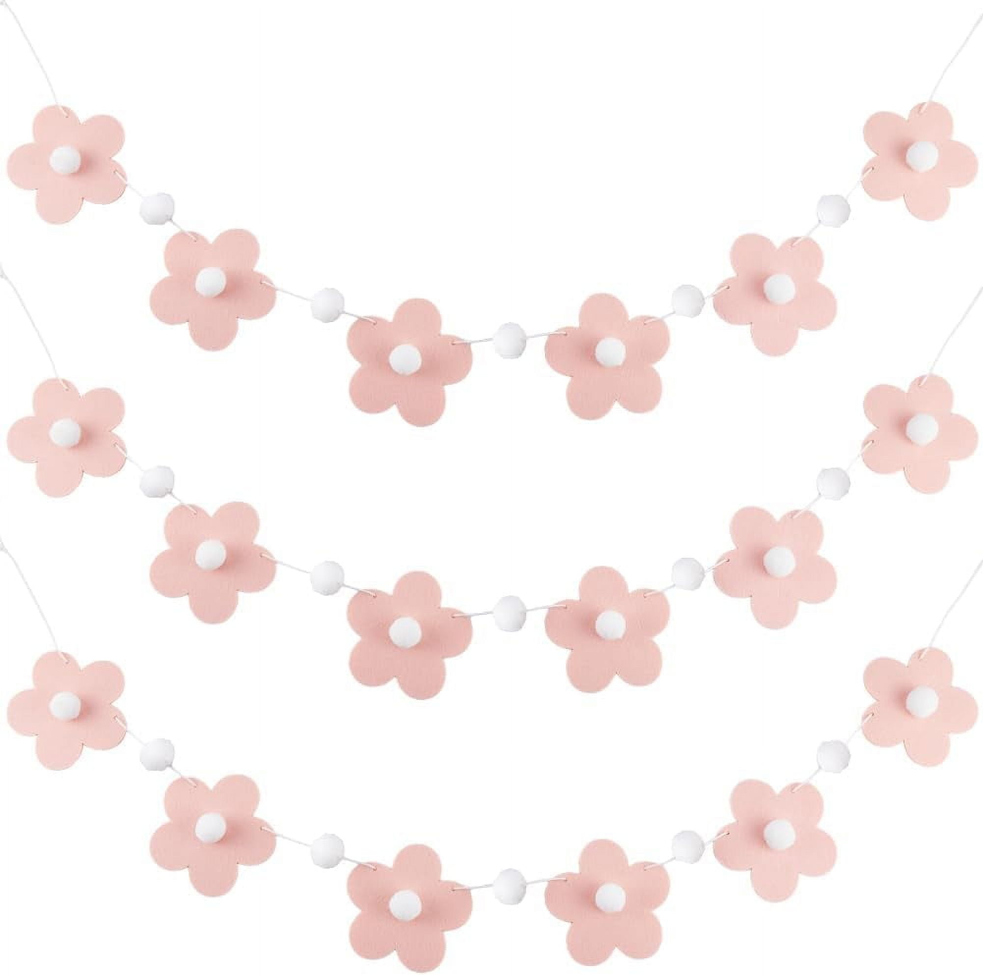 Pink Flower Felt Garland 3D Back to School Banner White Pom Ball ...