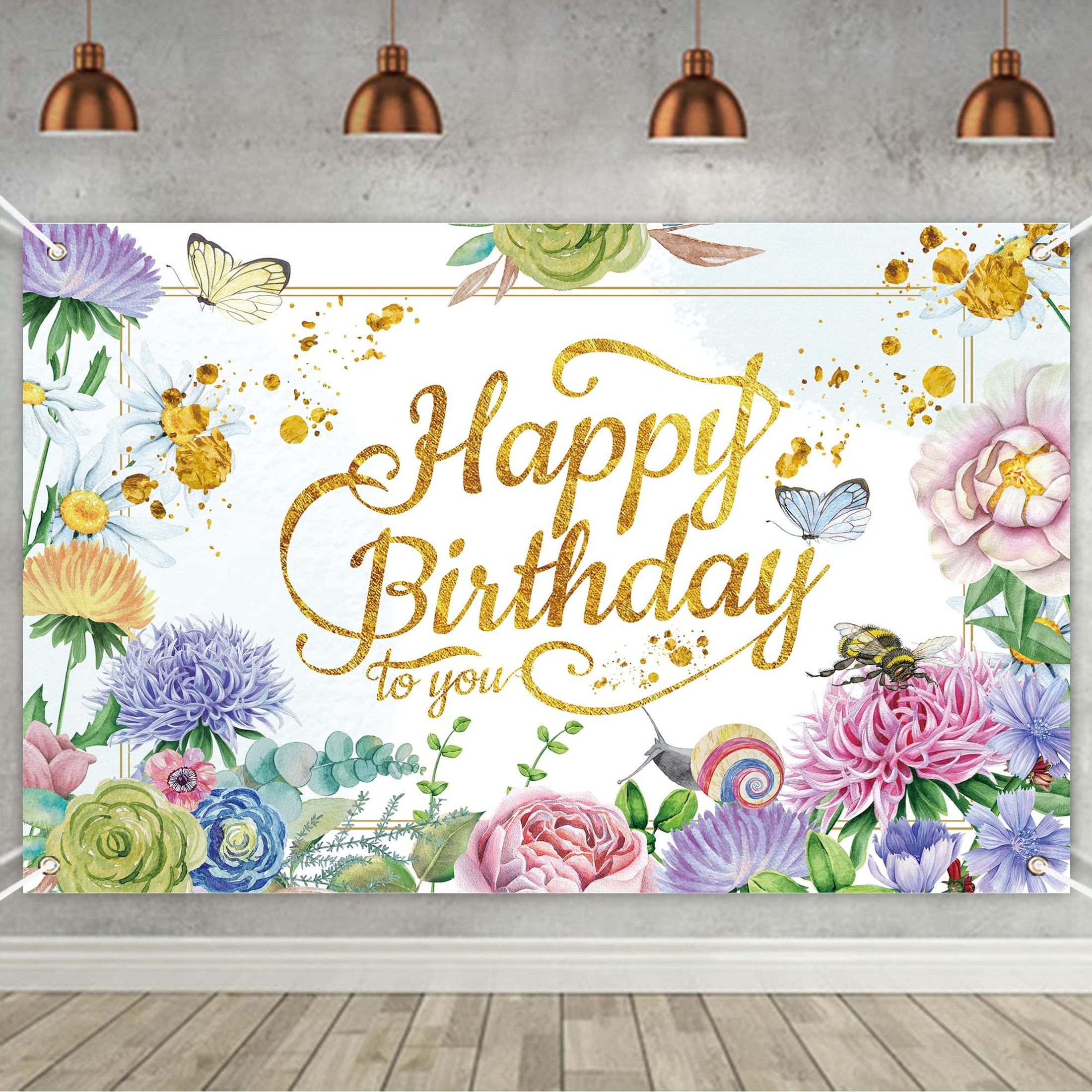 Pink Flower Garden Birthday Backdrop - Happy Birthday Party Banner for ...