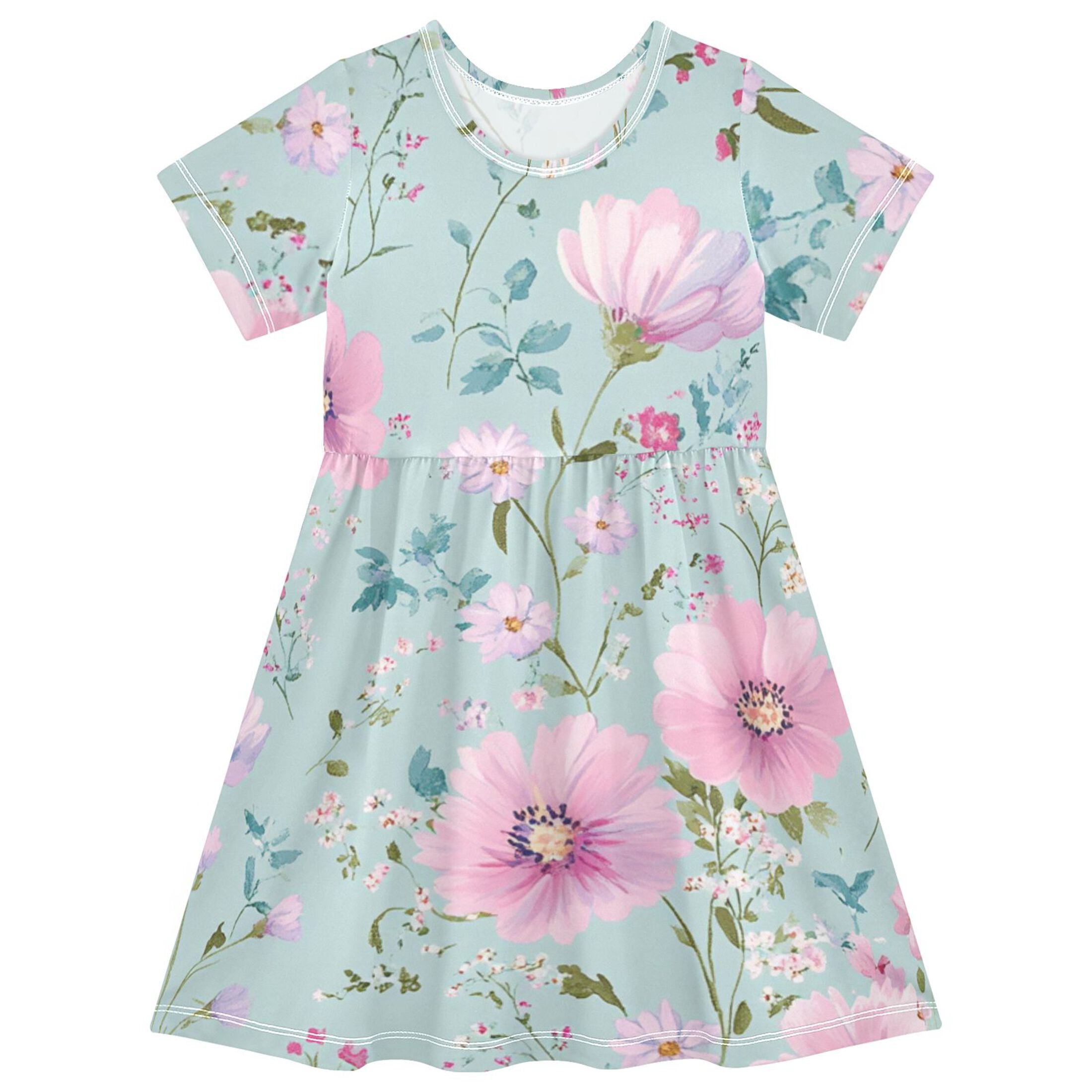 Pink Flower Garden Girls' Short Sleeve Dress A-Line One-Piece Dress UPF ...