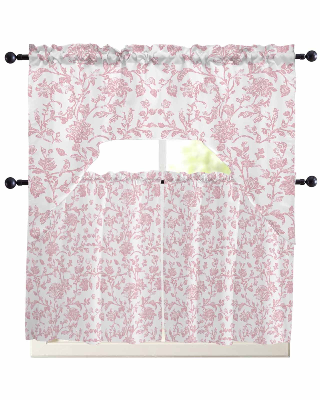 Pink Flower Kitchen Curtains Sets 24 Inch Length with Valance, Vintage ...
