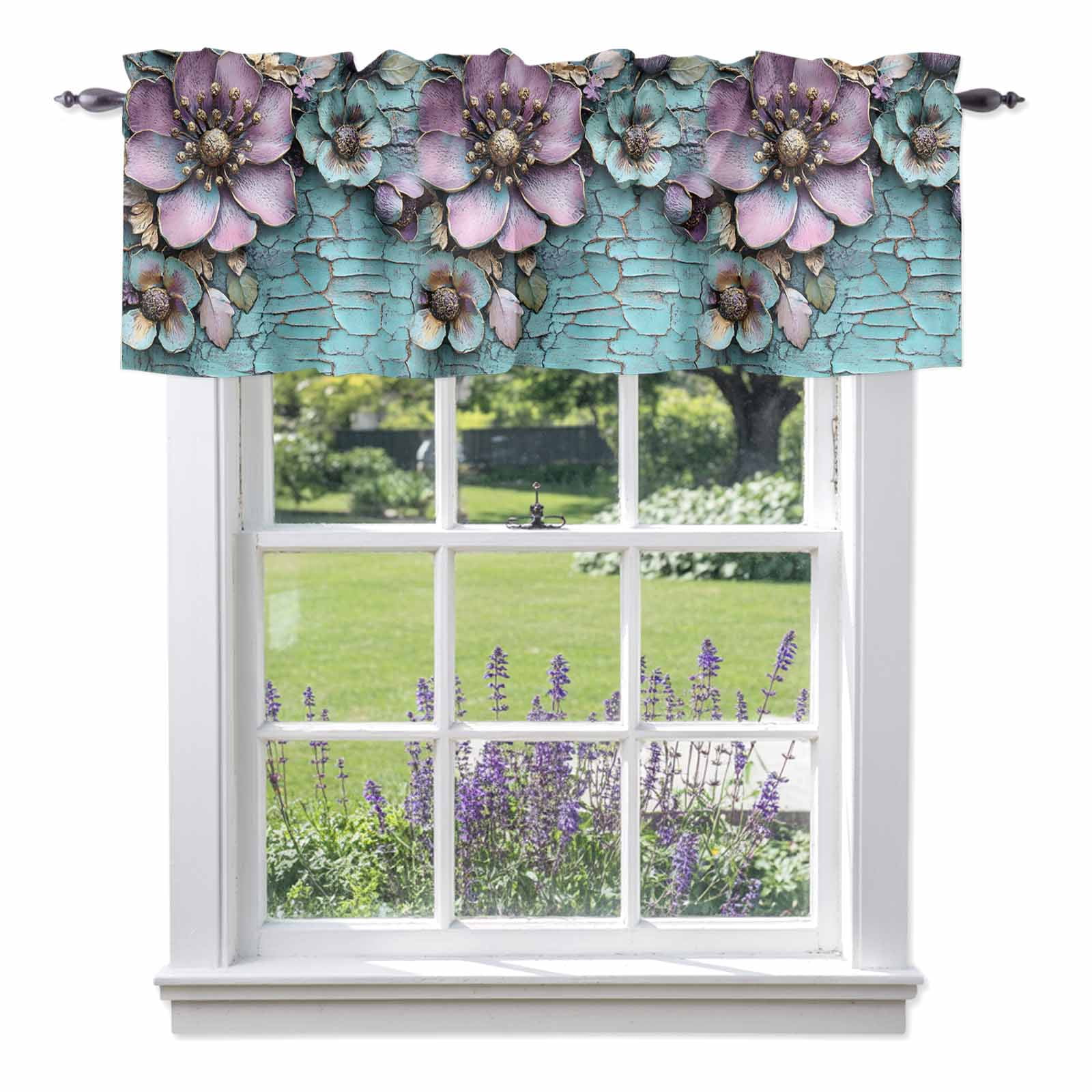 Pink Flower Kitchen Valances, Teal Vintage Walls Mottled Pastoral Plant ...