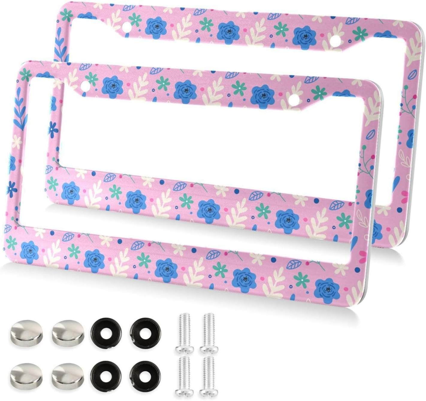 Pink Flower & Leaf License Plate Frame, Decorative Aluminum Car Tag ...