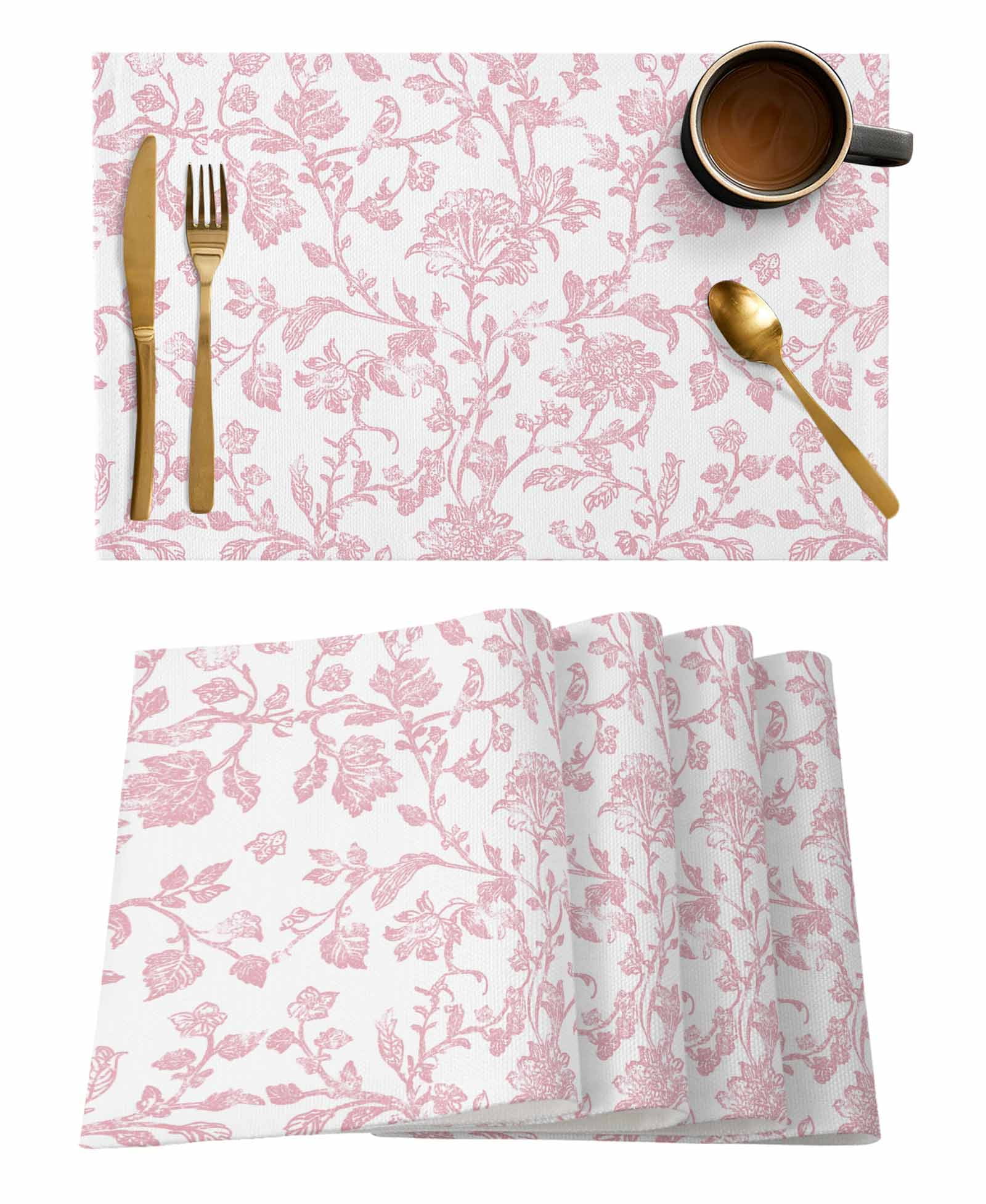 Pink Flower Placemats Set of 6, Vintage Farmhouse Boho Leaf Spring ...